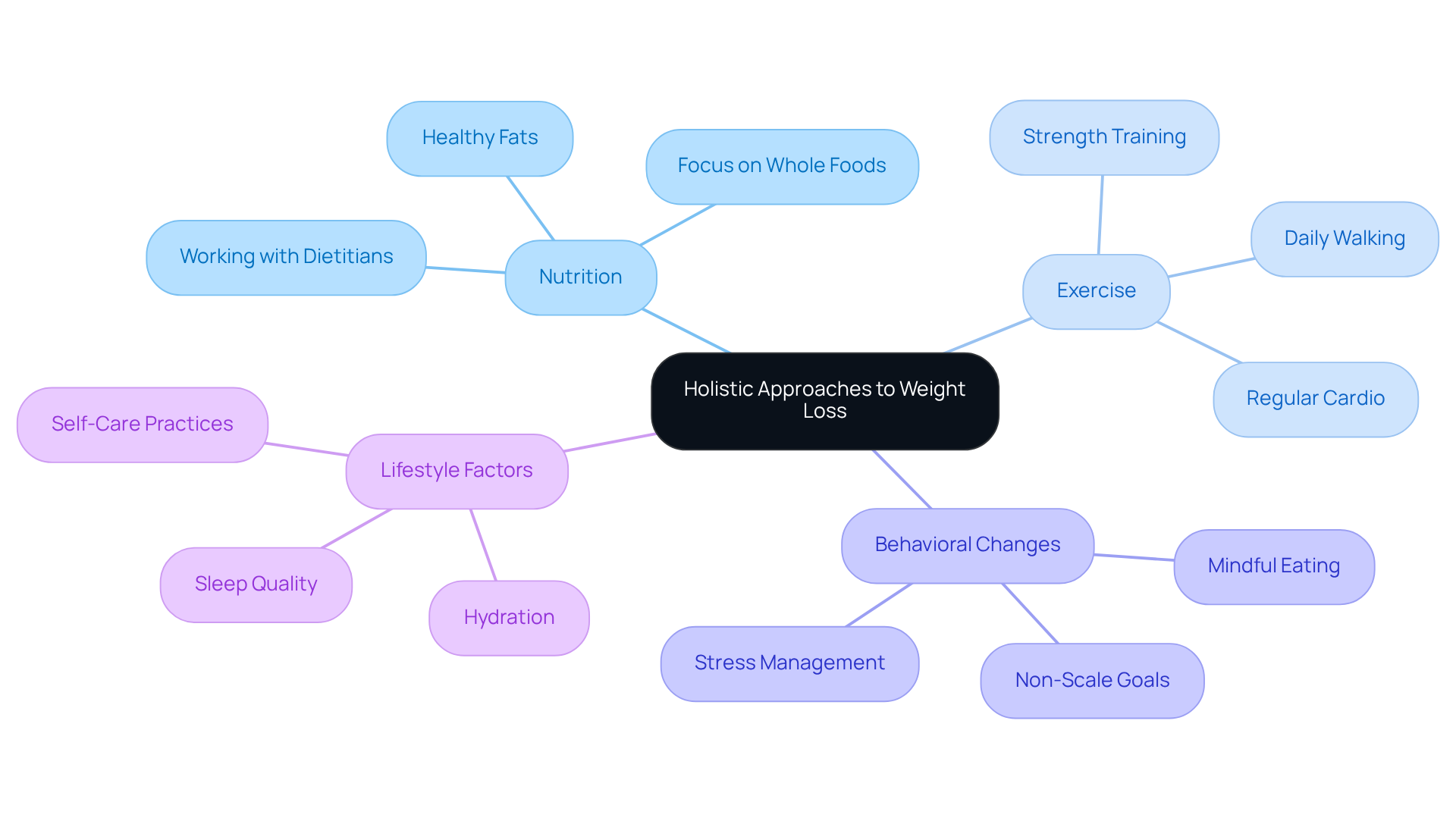 The central idea is holistic weight loss, with branches showing different factors that contribute to it. Each branch represents a key area, and the sub-branches provide specific actions or insights related to that area.