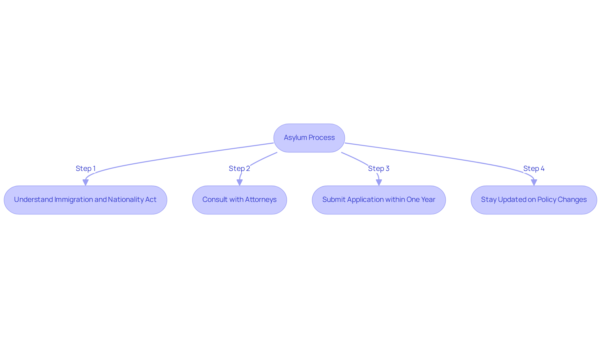 This flowchart outlines the key steps in the asylum process. Start at the top with the main process, then follow the arrows to see what you need to do at each stage. Each box provides a brief description of what to focus on next.