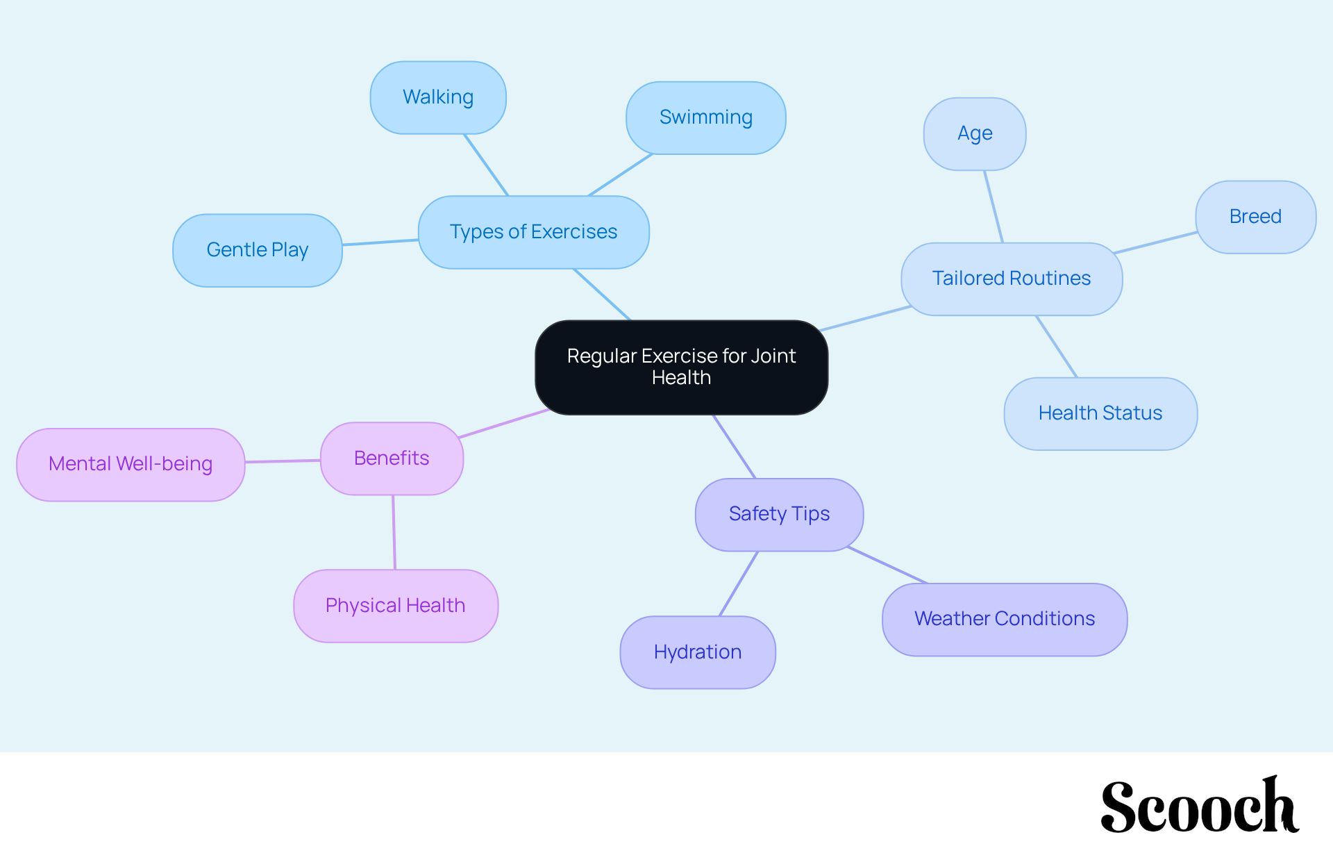 The central node represents the main topic, while the branches show different aspects of how to keep your dog active and healthy. Each color-coded branch helps you see the connections between exercise types, safety, and benefits. The central node represents the main topic, while the branches show different aspects of how to keep your dog active and healthy. Each color-coded branch helps you see the connections between exercise types, safety, and benefits.