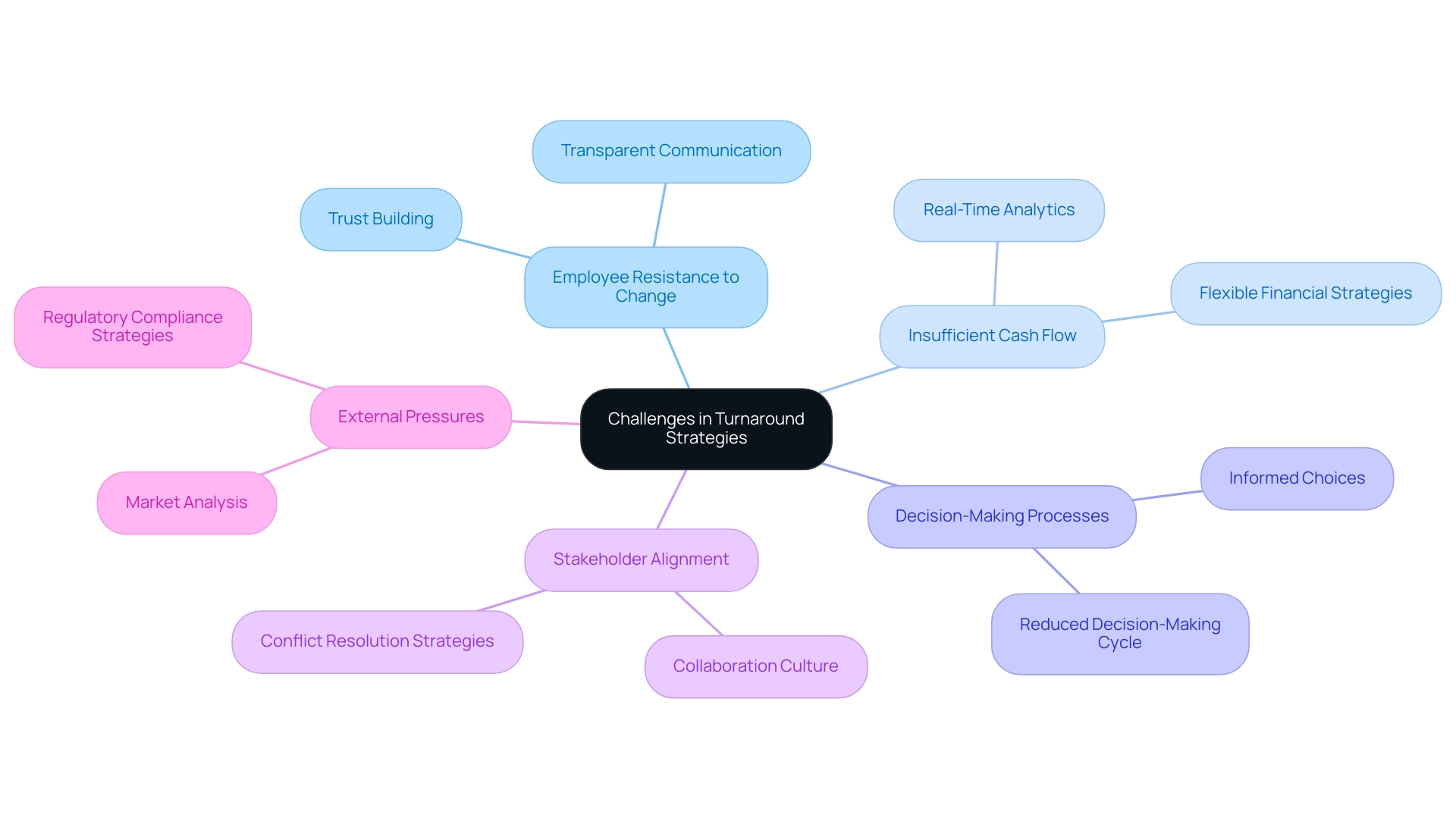 Each branch represents a challenge or strategy, with specific colors indicating the type of challenge (e.g., resistance, financial issues, stakeholder conflicts, external pressures).