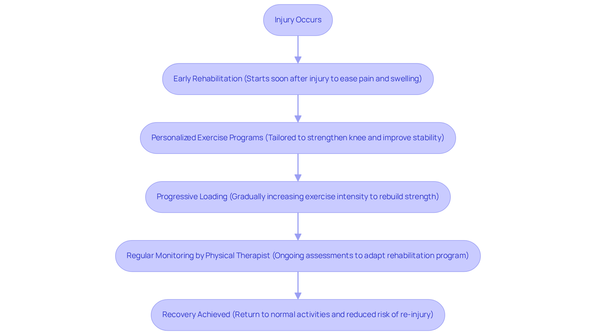 Follow the arrows to see the steps in the rehabilitation journey. Each box represents a crucial part of recovery, showing how they connect to help patients heal and regain strength.