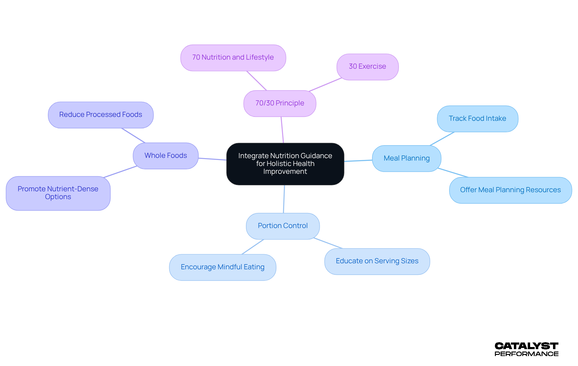 The center represents the main goal of integrating nutrition into fitness. Each branch shows a key area of focus, and the sub-branches provide actionable insights or principles that support the overall strategy. The center represents the main goal of integrating nutrition into fitness. Each branch shows a key area of focus, and the sub-branches provide actionable insights or principles that support the overall strategy.