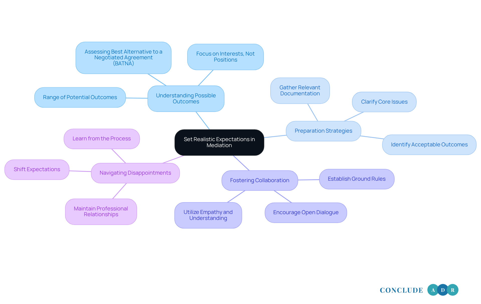 The central idea is about setting realistic expectations, with branches showing different strategies and insights that can help in the negotiation process. Follow the branches to explore how each aspect contributes to a more effective mediation experience.