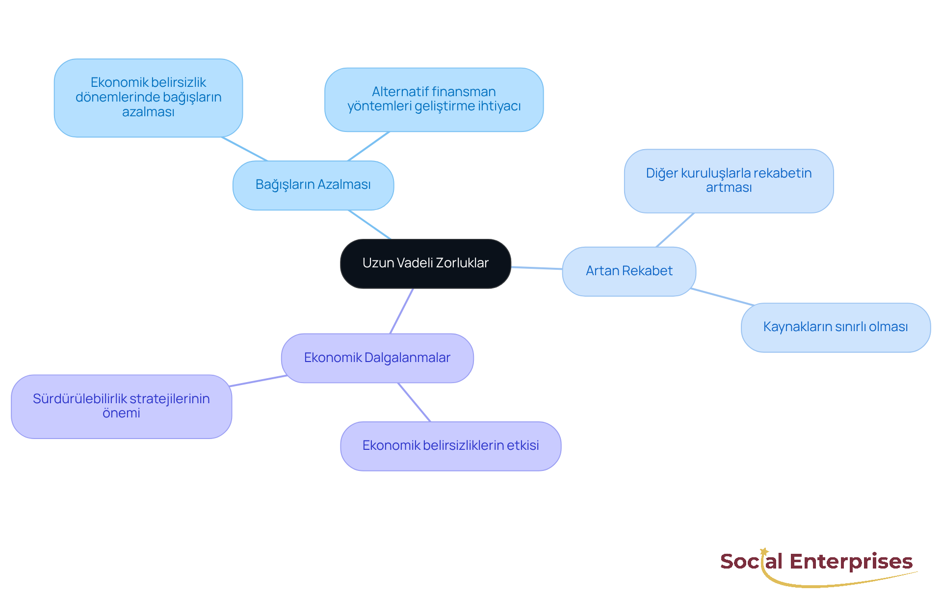Merkezdeki başlık, kar amacı gütmeyen kuruluşların karşılaştığı ana zorlukları temsil ediyor. Dallar, her bir zorluğun detaylarını ve etkilerini gösteriyor. Renkler, her zorluğun önemini vurgulamak için kullanılıyor.