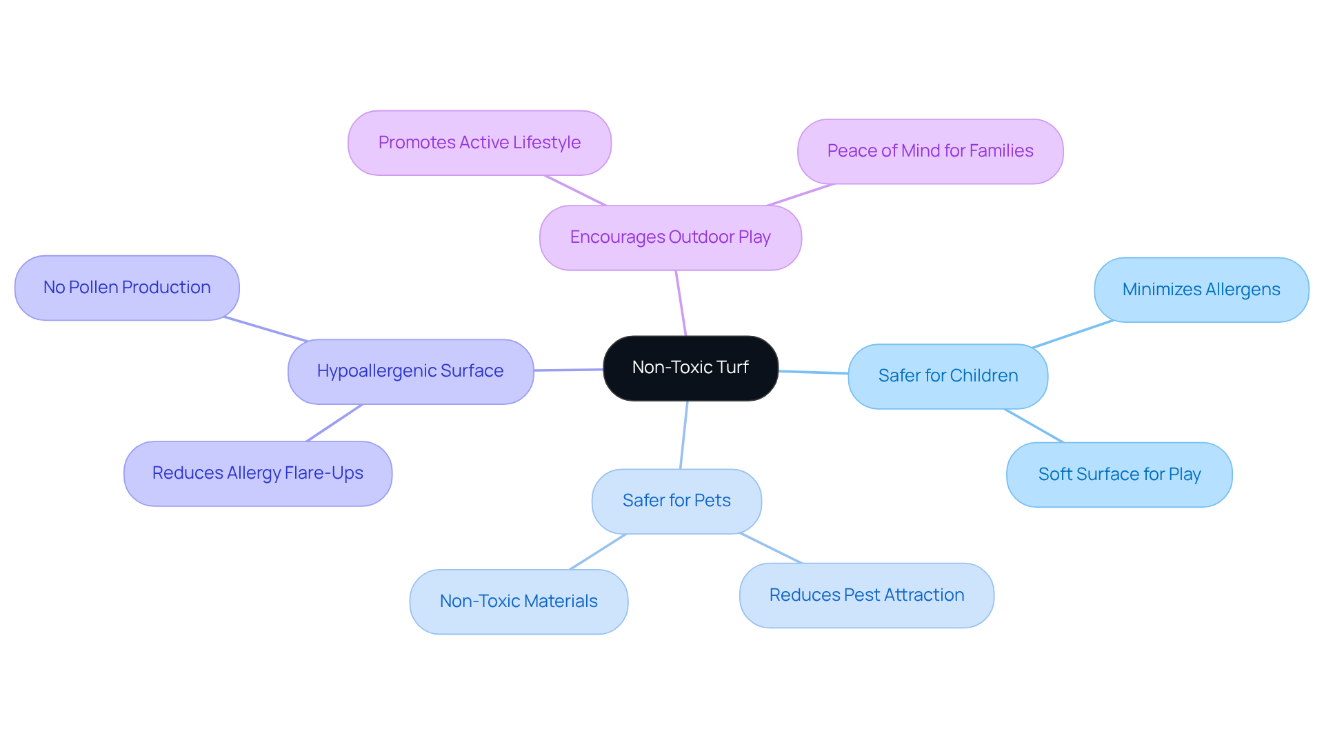 Start at the center with non-toxic turf, then explore the branches to see how it benefits children, pets, and overall family health. Each branch highlights a specific advantage, making it easy to understand the positive impacts. Start at the center with non-toxic turf, then explore the branches to see how it benefits children, pets, and overall family health. Each branch highlights a specific advantage, making it easy to understand the positive impacts.