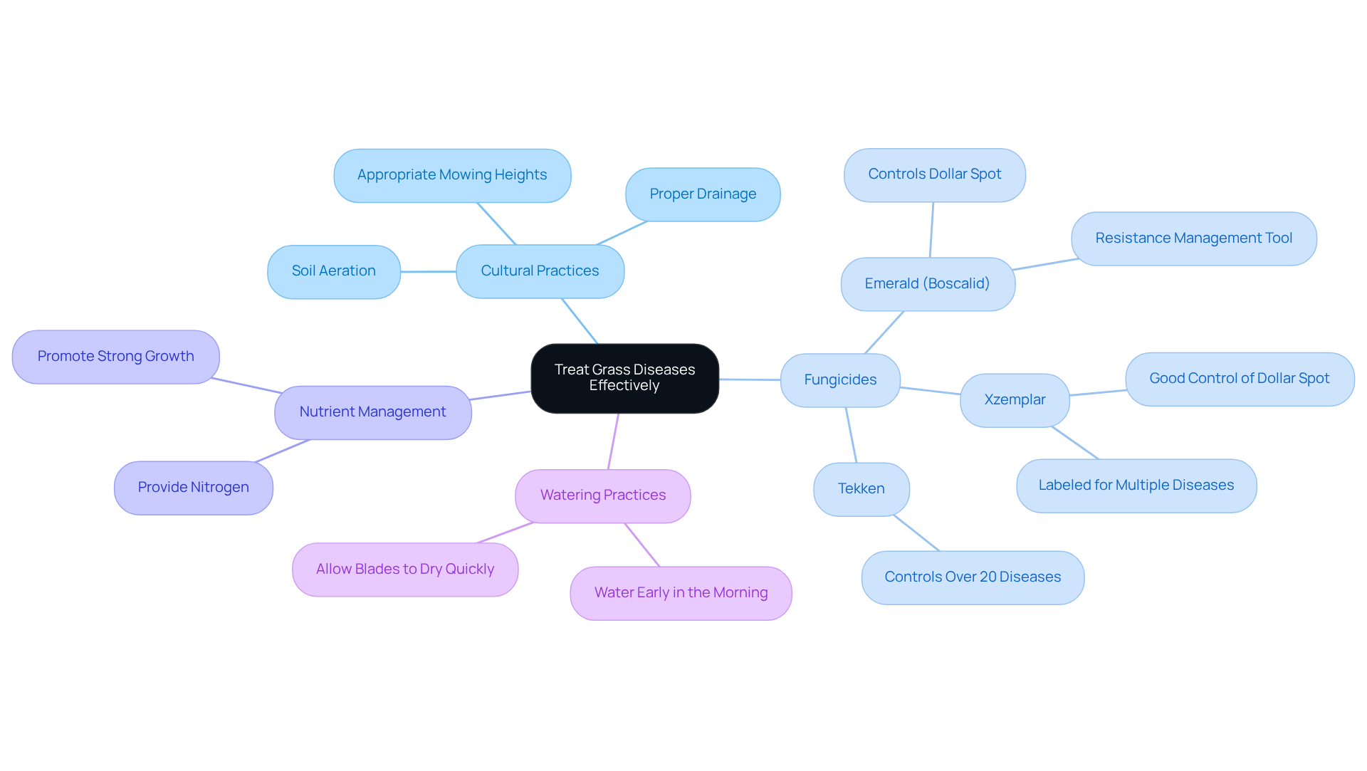Start at the center with the main topic, then explore each branch to discover specific strategies for keeping your lawn healthy. Each color represents a different treatment method, making it easy to navigate through the information.