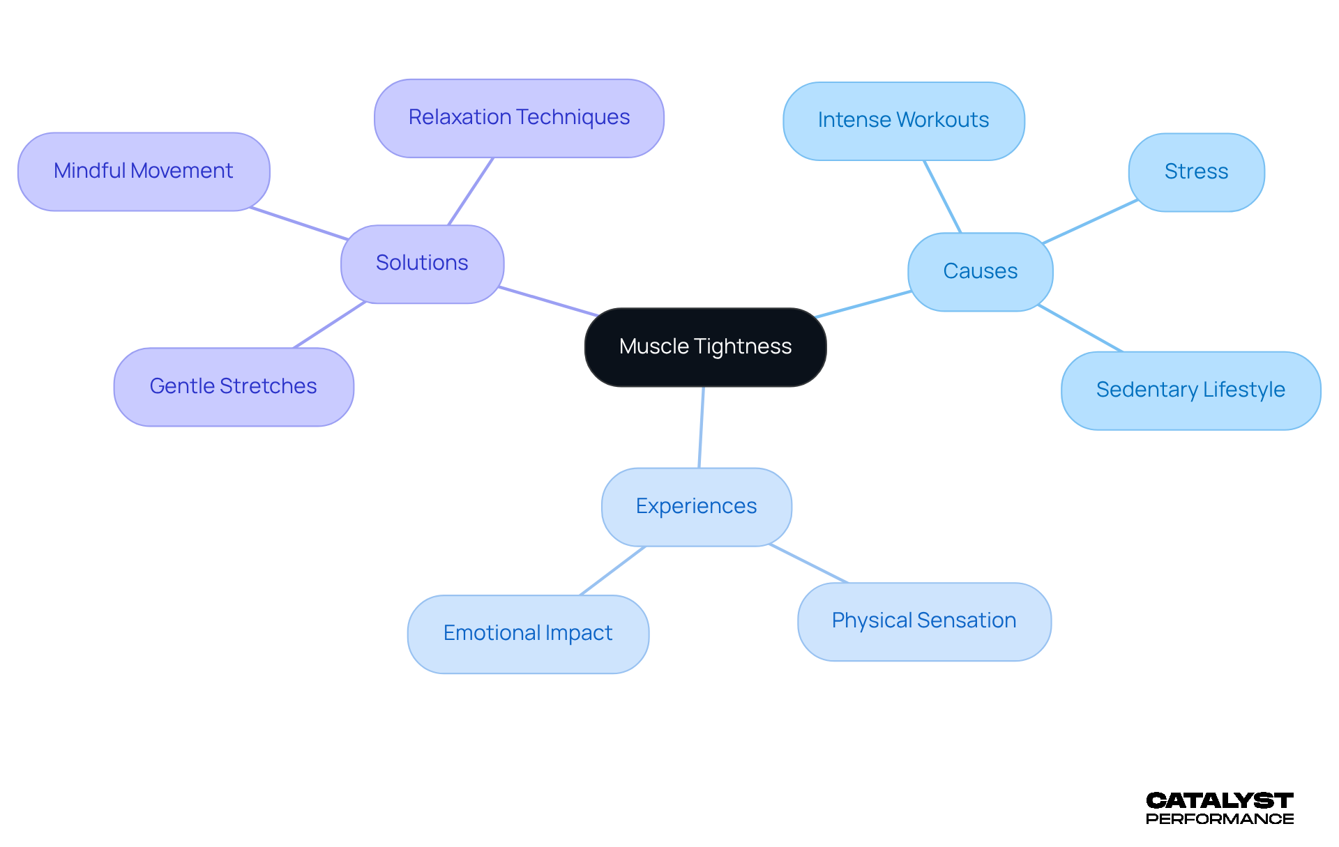 The central node represents the main topic of muscle tightness, while the branches show its causes, experiences, and solutions. Each color-coded branch helps you see how different aspects relate to the overall concept.
