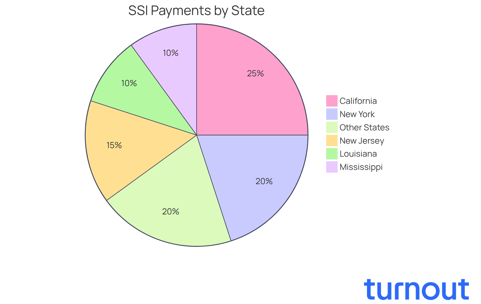 Each slice of the pie represents a state and shows how much they contribute to SSI payments. The larger the slice, the more generous the state's support for SSI beneficiaries.