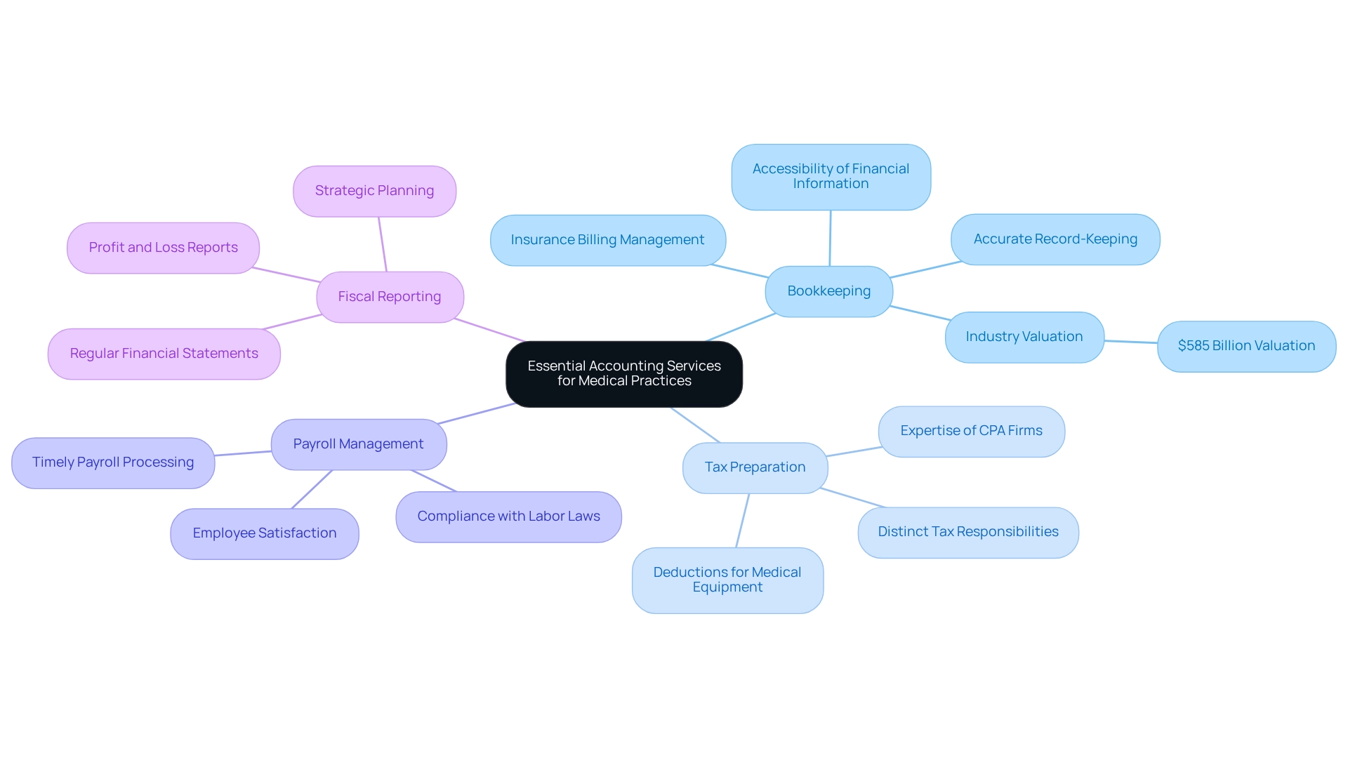 Each branch represents a specific accounting service, with sub-branches detailing key points related to its importance and impact.