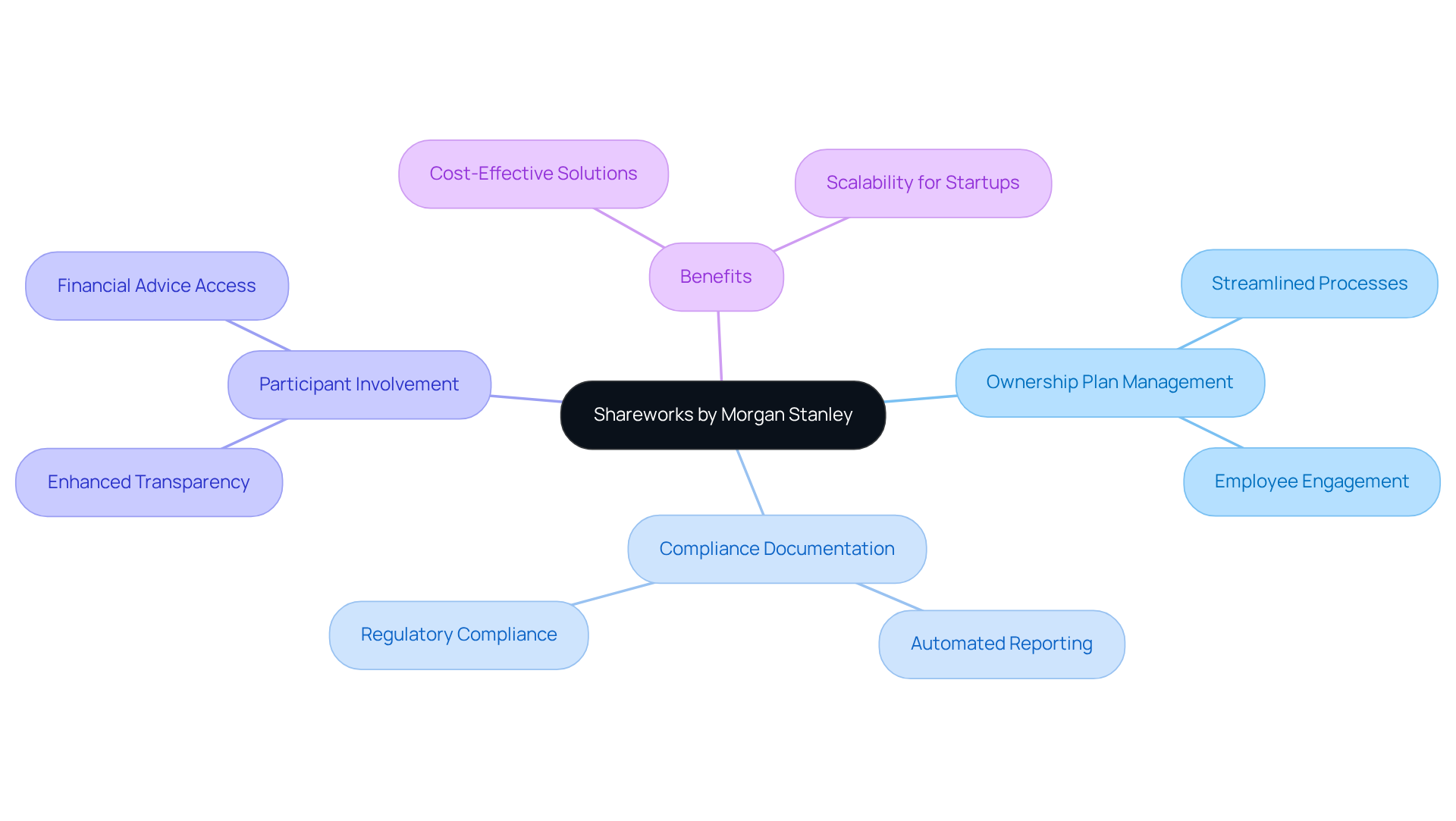 The center shows the main topic (Shareworks), with branches representing different features and benefits. Each branch leads to specific aspects related to ownership management and compliance, helping you understand how they all connect. The center shows the main topic (Shareworks), with branches representing different features and benefits. Each branch leads to specific aspects related to ownership management and compliance, helping you understand how they all connect.