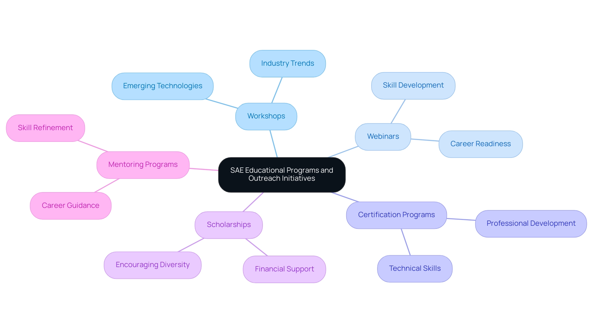 Central node represents SAE's initiatives; branches represent different programs, with sub-branches detailing specific topics or skills. Colors differentiate between initiative types.