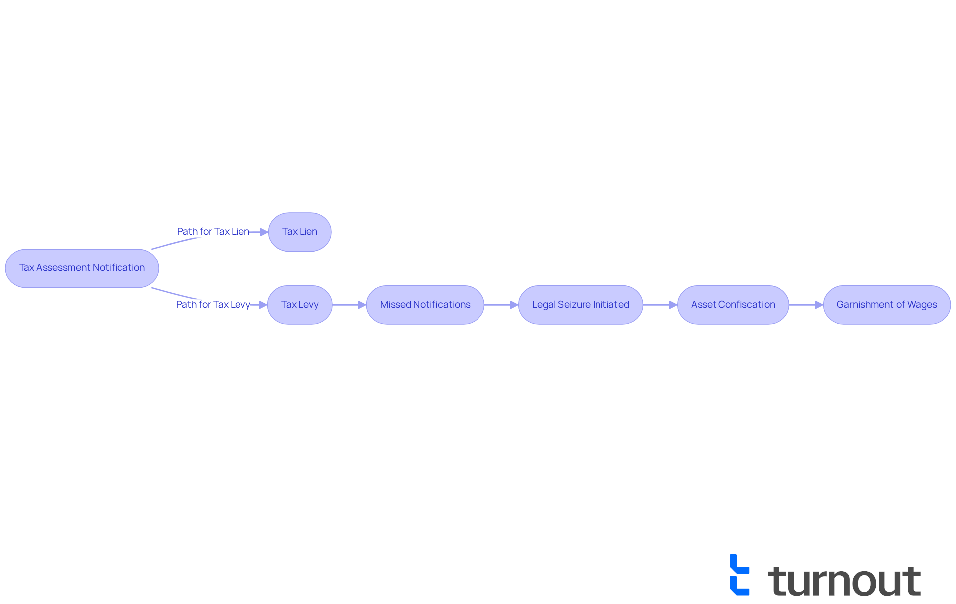 This flowchart shows the steps involved in tax assessments. Follow the arrows to see how missed notifications can lead to a tax levy, including possible asset confiscation and wage garnishment.