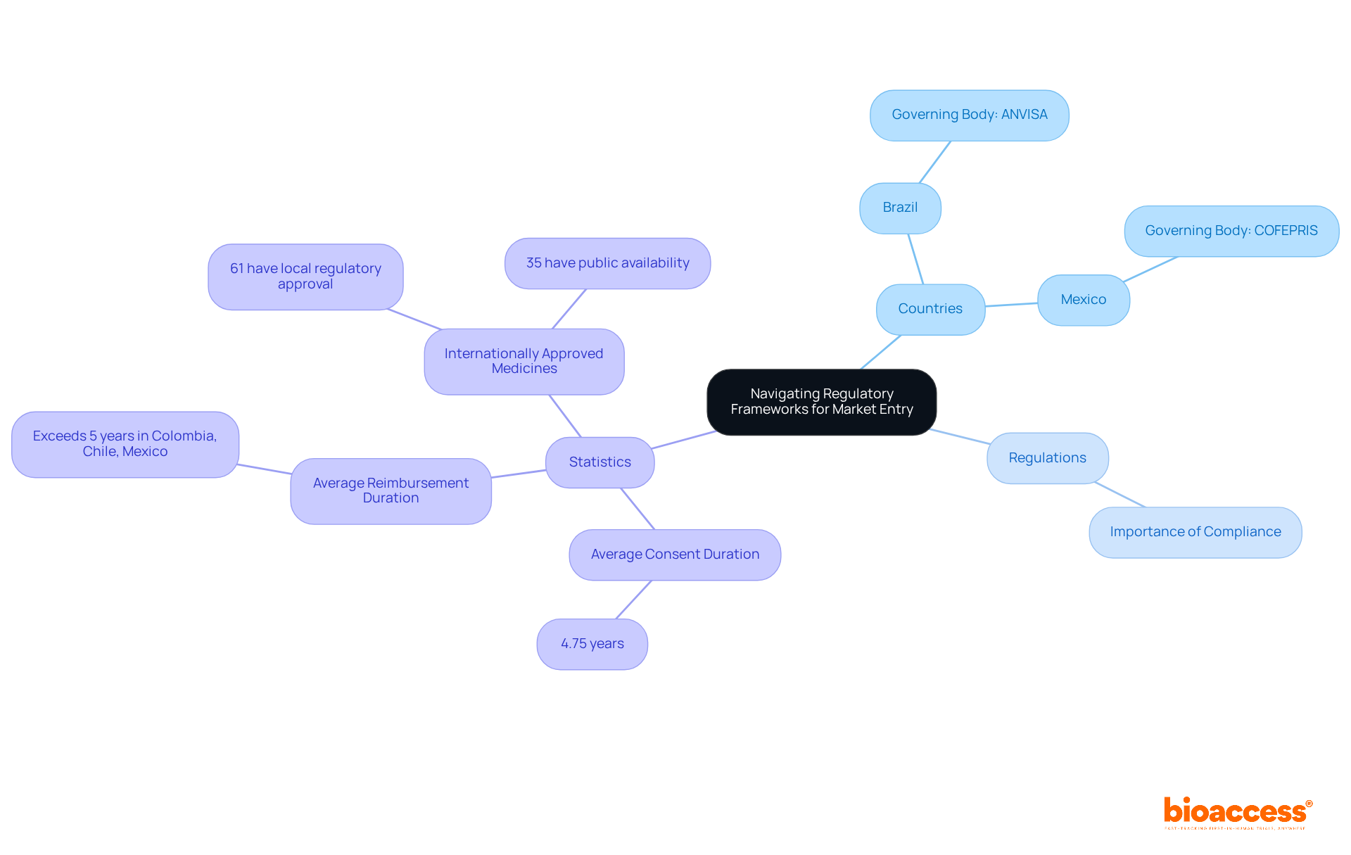 The central node represents the main theme, while branches show different aspects of market entry, including specific countries and their regulations. Each color-coded branch helps you easily identify related topics.
