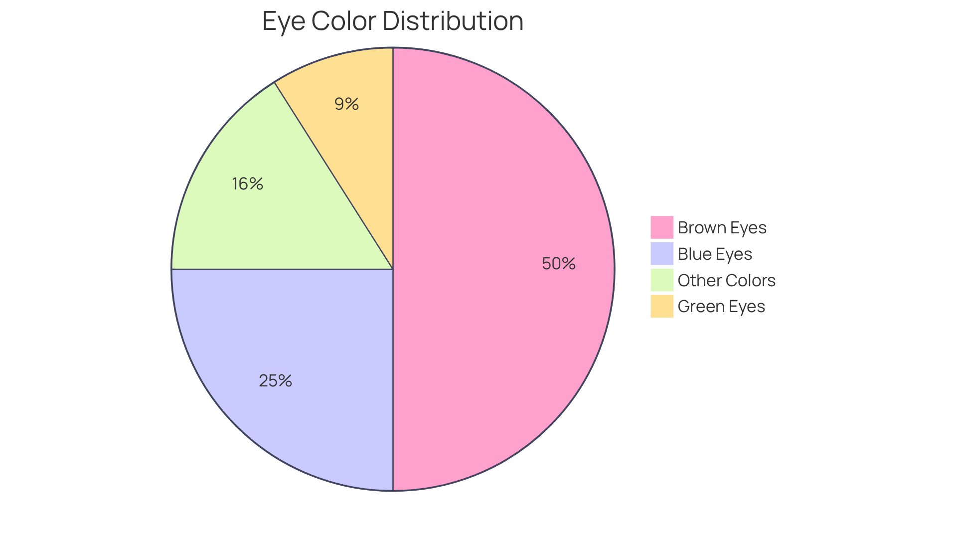 Each slice of the pie shows how common each eye color is among the population. The bigger the slice, the more people have that eye color. For example, brown eyes are the most common, while green eyes are quite rare.