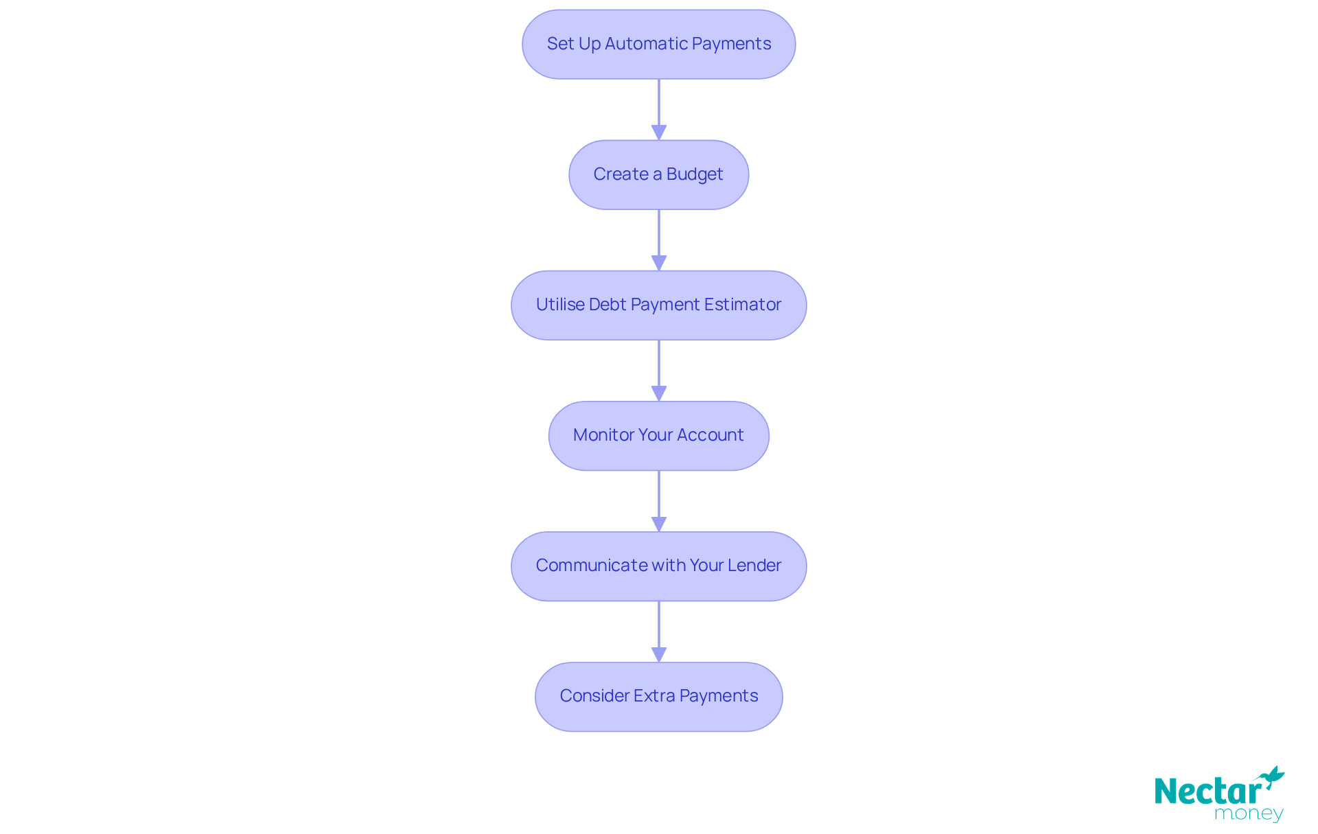 Each box represents a crucial step in managing your loan. Follow the arrows to see the order in which you should tackle these actions for effective loan management. Each box represents a crucial step in managing your loan. Follow the arrows to see the order in which you should tackle these actions for effective loan management.