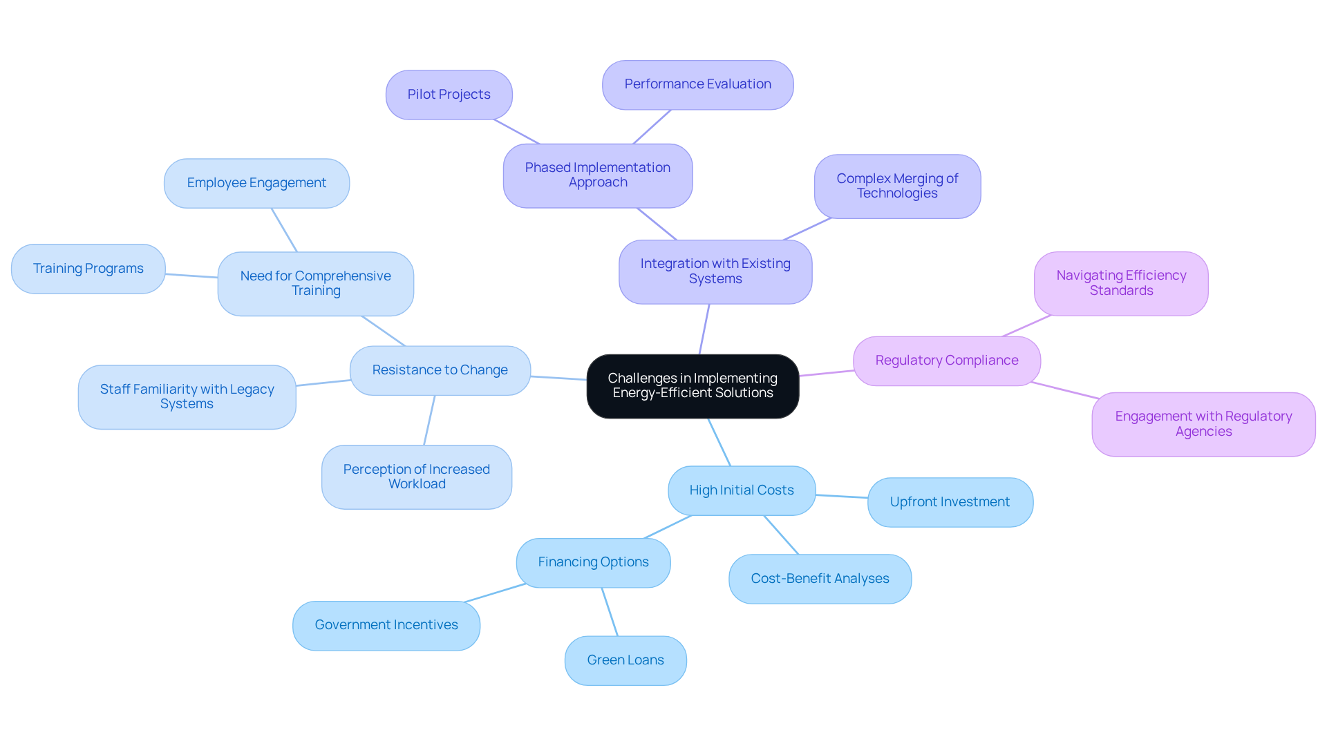 The central node represents the main topic, while the branches show specific challenges. Each sub-branch provides additional details, helping you understand the complexities involved in adopting sustainable practices.