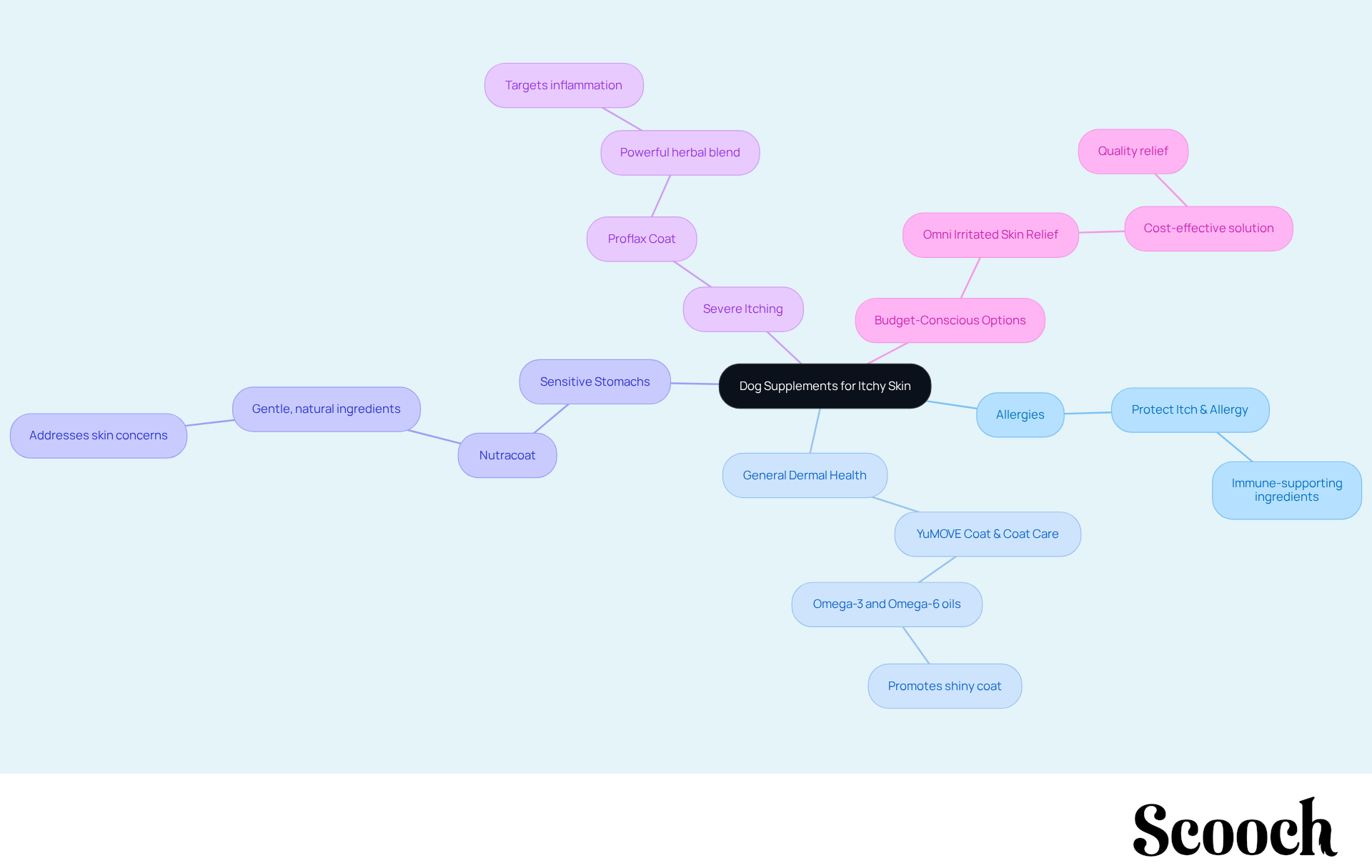 The central node represents the main topic, while each branch shows a specific need or condition. Follow the branches to discover which supplement might be best for your dog's unique situation.