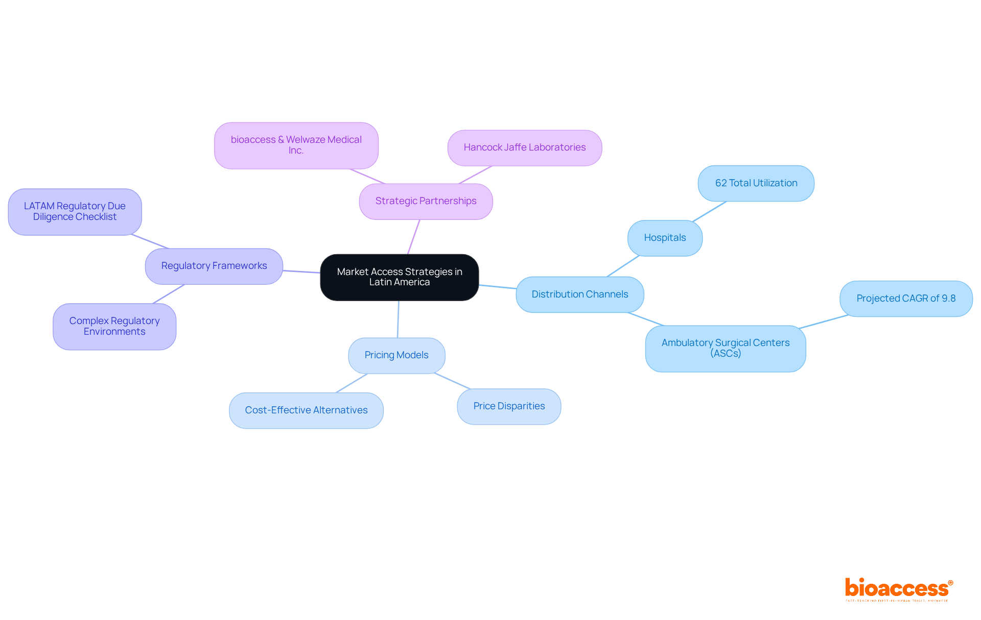 The central node represents the overall strategy, while the branches show the key components that contribute to successful market access. Each sub-node provides specific details or examples related to that component. The central node represents the overall strategy, while the branches show the key components that contribute to successful market access. Each sub-node provides specific details or examples related to that component.