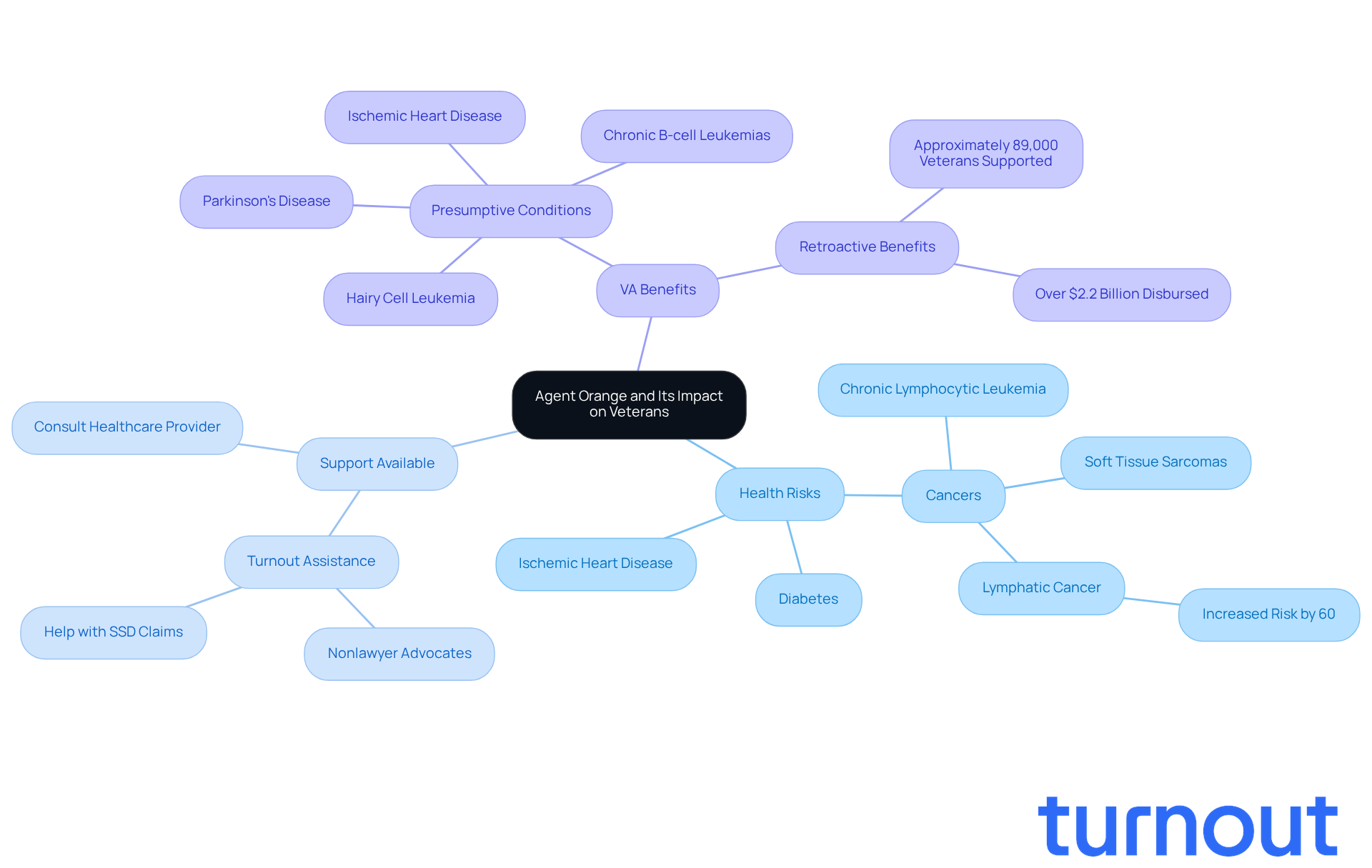 The central node represents Agent Orange, while the branches show health risks and support options. Each sub-branch details specific conditions or resources available to veterans affected by Agent Orange.