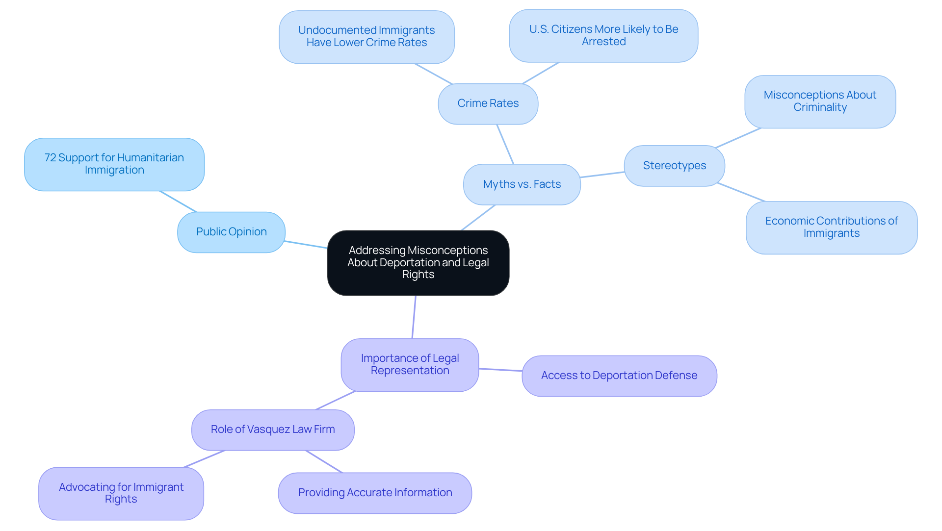 The central node represents the main topic, while branches show different aspects of the discussion. Each color-coded branch helps you see how public opinion, myths, and legal support are interconnected.