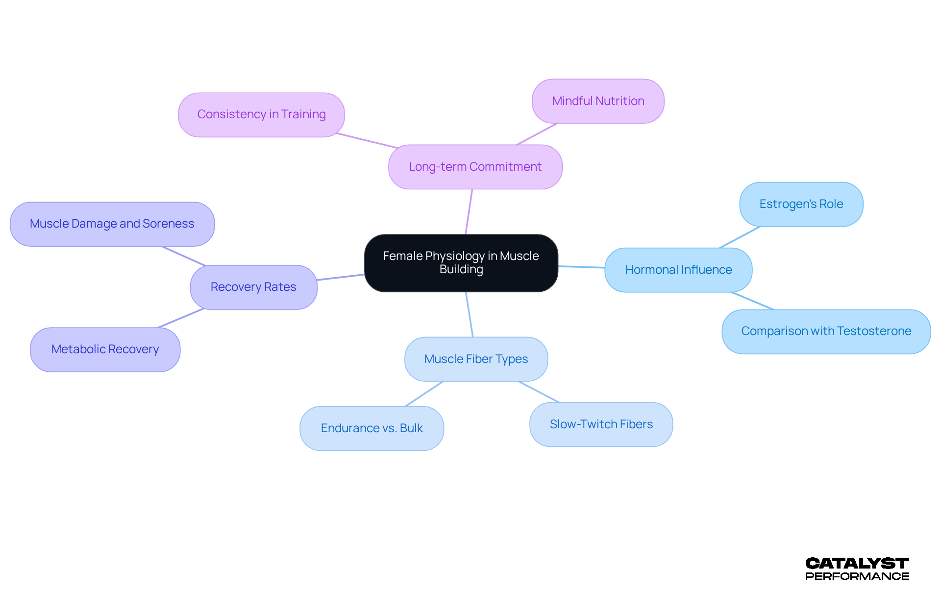 The central node represents the overall topic, while branches show key factors influencing how women build muscle. Each sub-branch provides more detail, helping you see the connections and understand the unique aspects of female physiology. The central node represents the overall topic, while branches show key factors influencing how women build muscle. Each sub-branch provides more detail, helping you see the connections and understand the unique aspects of female physiology.