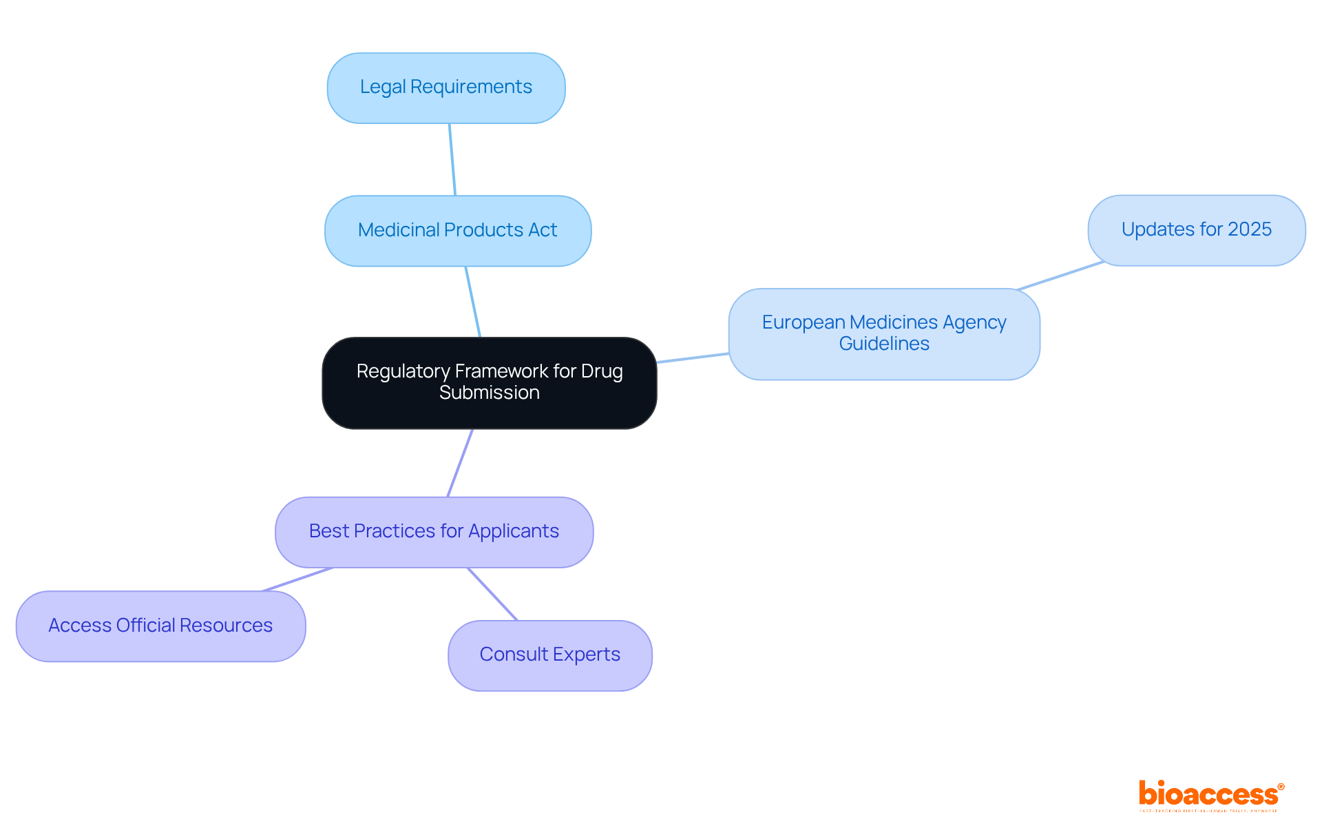 The central node represents the overall framework, while branches show specific laws, guidelines, and best practices. Each branch helps you understand how to navigate the drug submission process effectively.