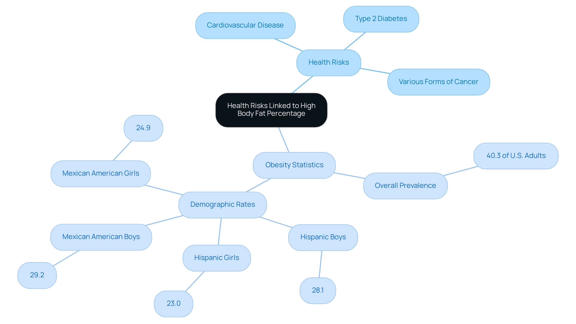 The central node represents health risks related to body fat, with branches for specific risks and obesity statistics, each color-coded for clarity.