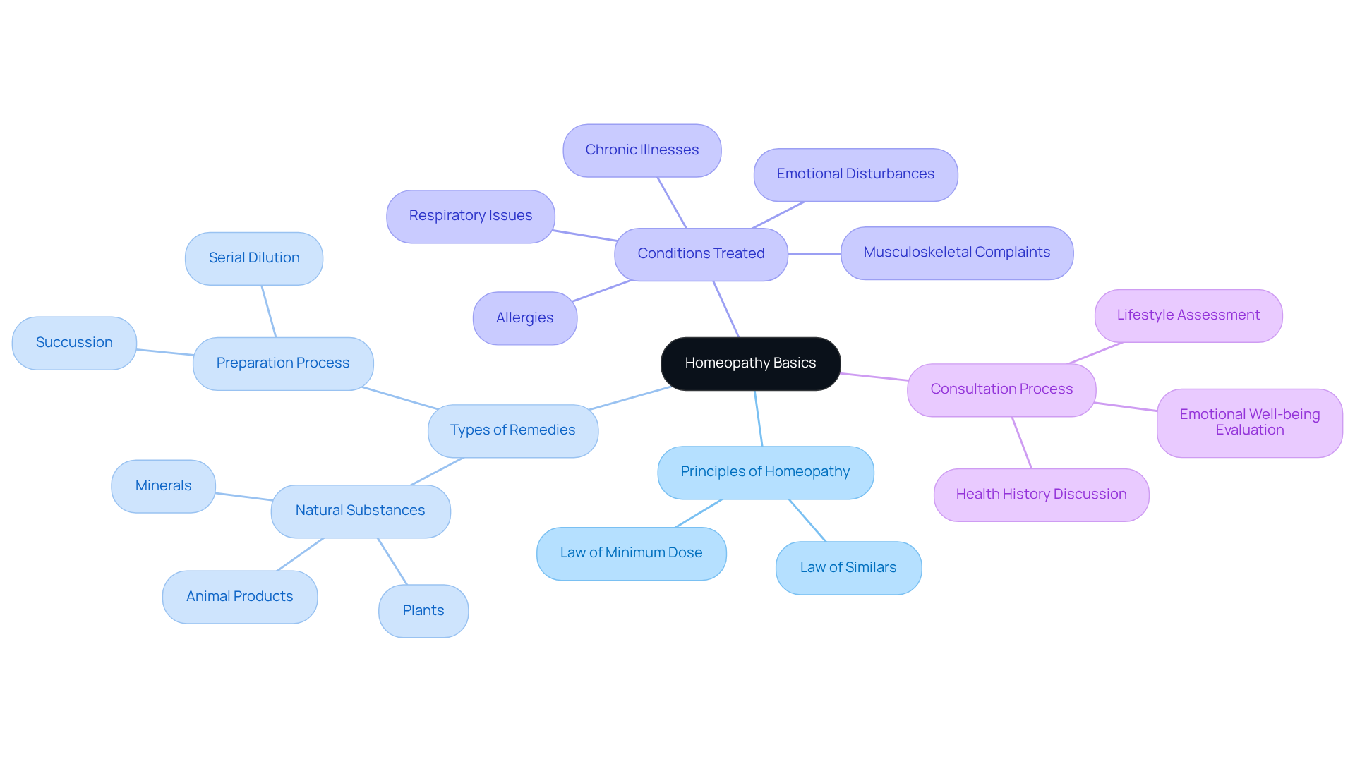 Start at the center with 'Homeopathy Basics', then explore each branch to learn about its principles, remedies, conditions it can treat, and how consultations work. Each branch represents a key area of homeopathy, making it easy to understand how they connect.