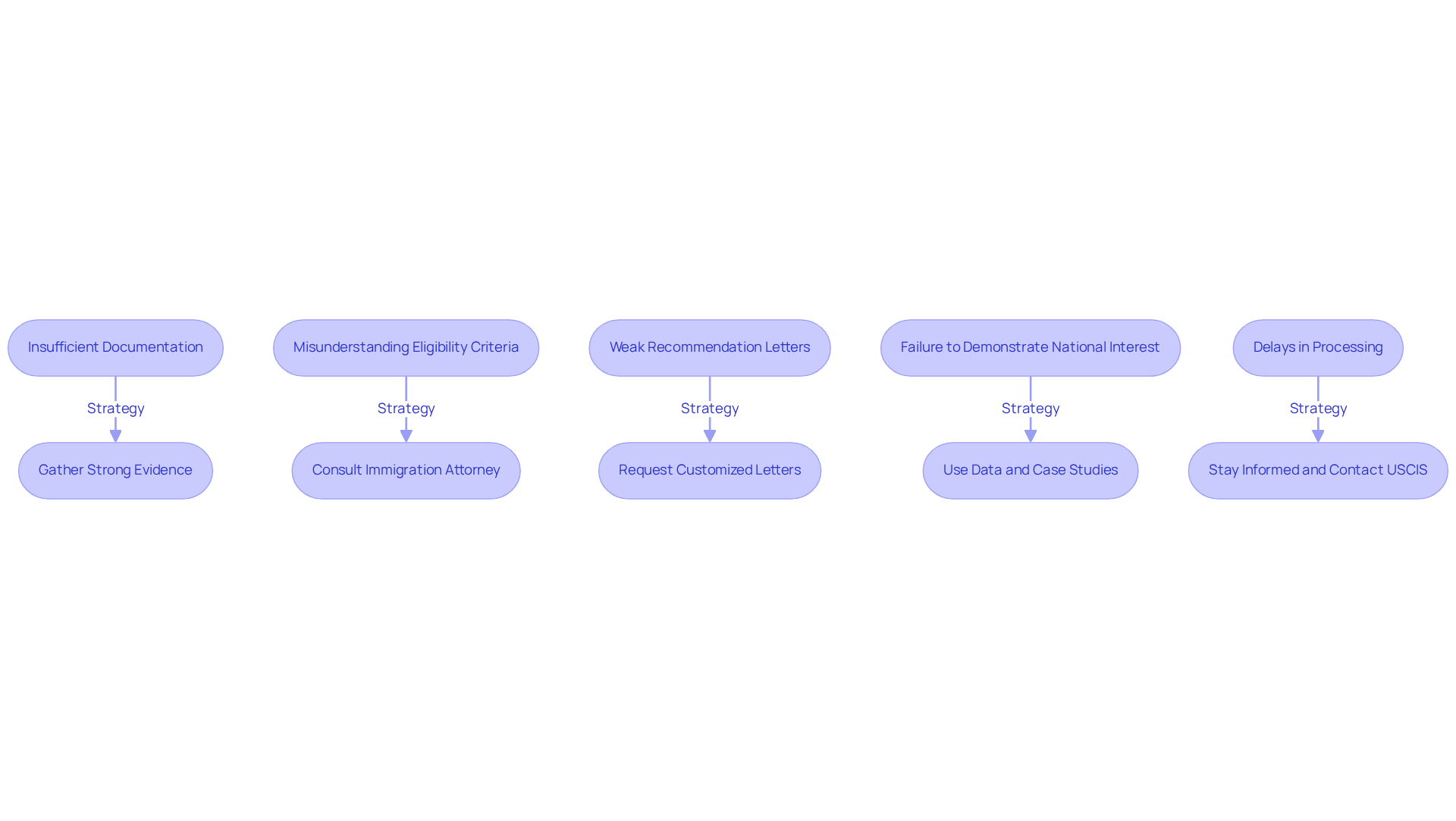Each box represents a challenge you might face during the immigration application process. The arrows show you the strategies to tackle each challenge, guiding you step-by-step through the process.