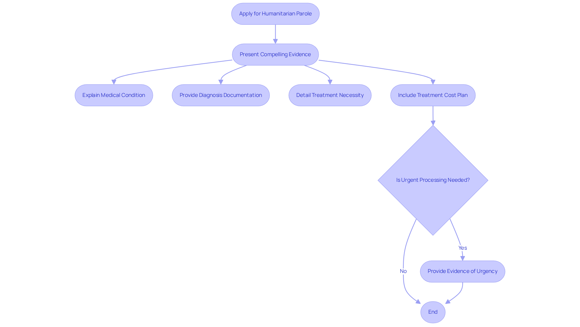 Follow the arrows to see each step in the application process. Each box represents a requirement or action you need to take to successfully apply for humanitarian parole.