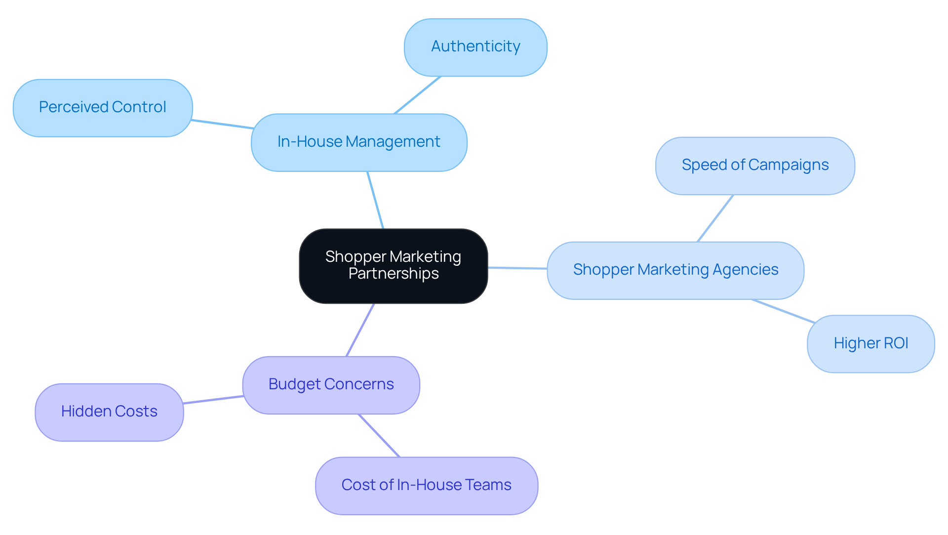 The central node represents the main topic of shopper marketing partnerships. Each branch shows different viewpoints and considerations, helping you see the pros and cons of working with agencies versus managing marketing in-house. The central node represents the main topic of shopper marketing partnerships. Each branch shows different viewpoints and considerations, helping you see the pros and cons of working with agencies versus managing marketing in-house.