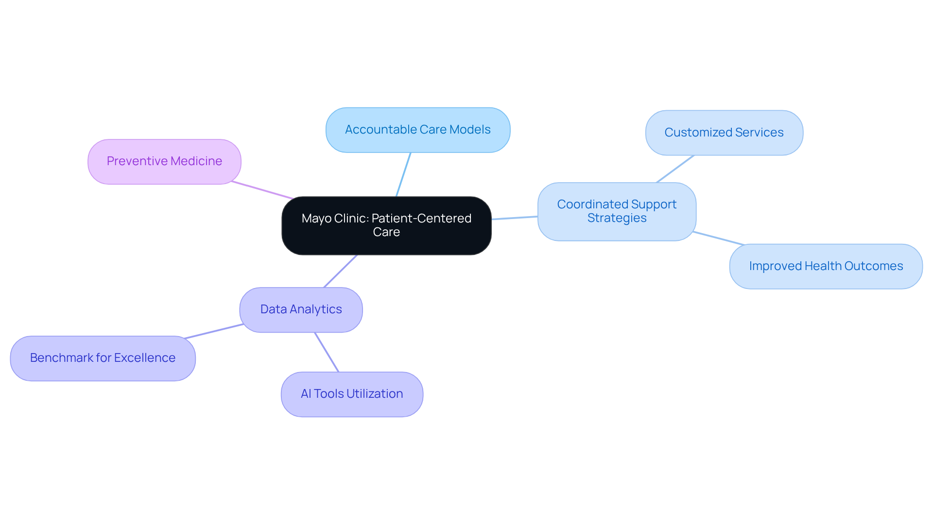 The central node represents the main theme, while the branches show key areas of focus and their connections to individual care and outcomes.