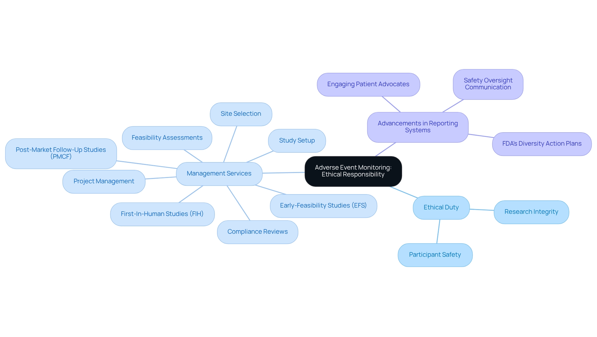 The center of the mindmap shows the main topic. Branches represent key elements, with further breakdowns into specific services or considerations, helping to visualize how all parts connect and contribute to ethical monitoring.