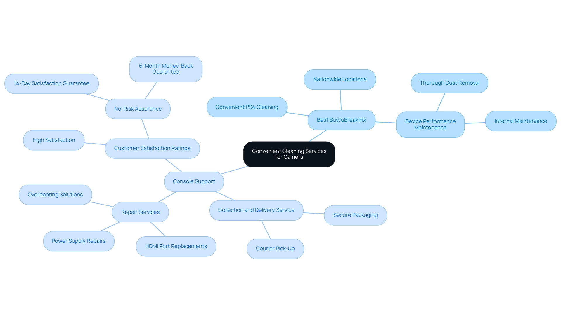Central node represents the overall topic; branches represent service providers, and sub-branches detail specific services offered.