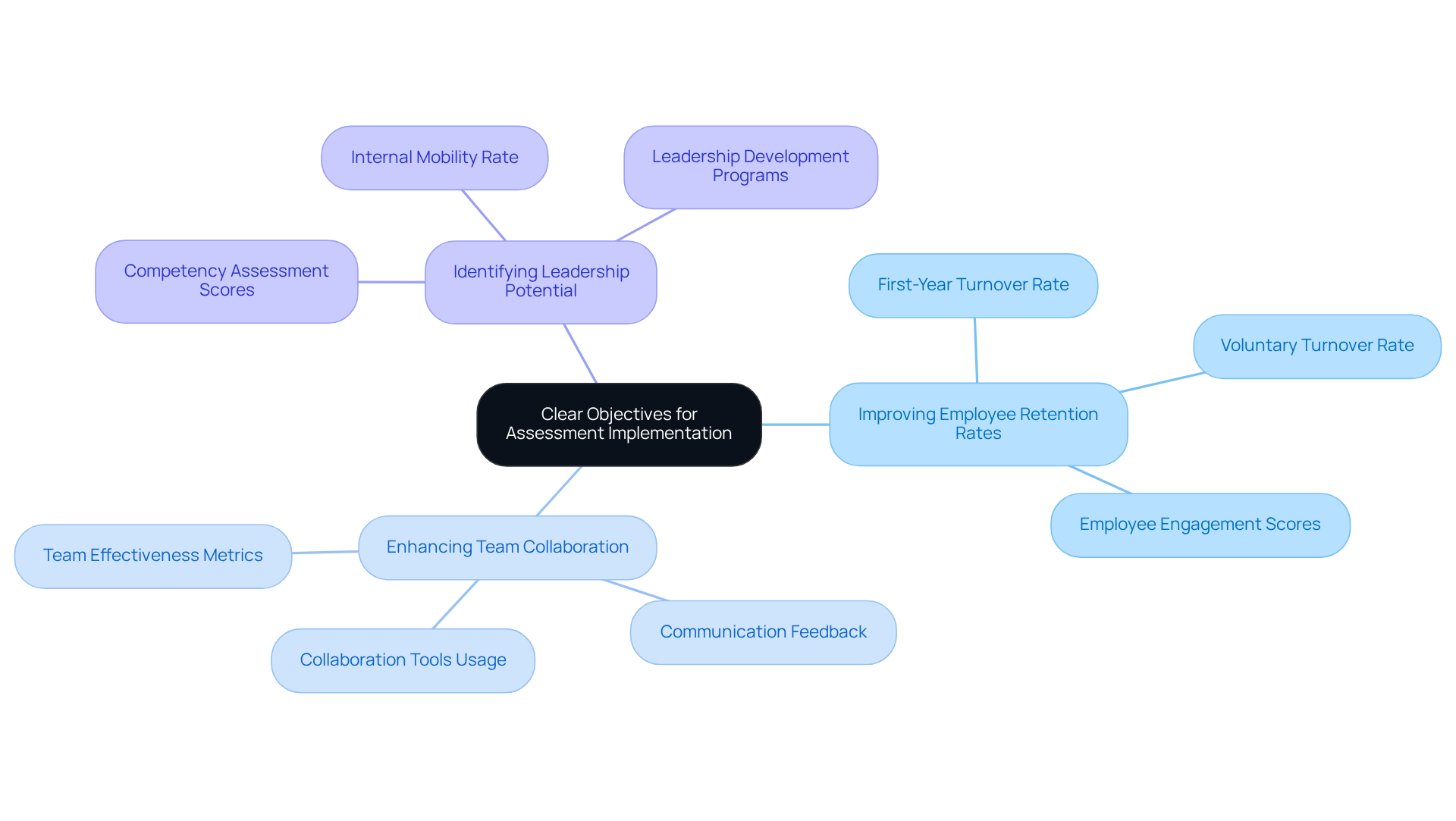 The center shows the main goal of defining clear objectives, while the branches represent specific areas of focus. Each branch highlights how organizations can align their assessments with business goals.