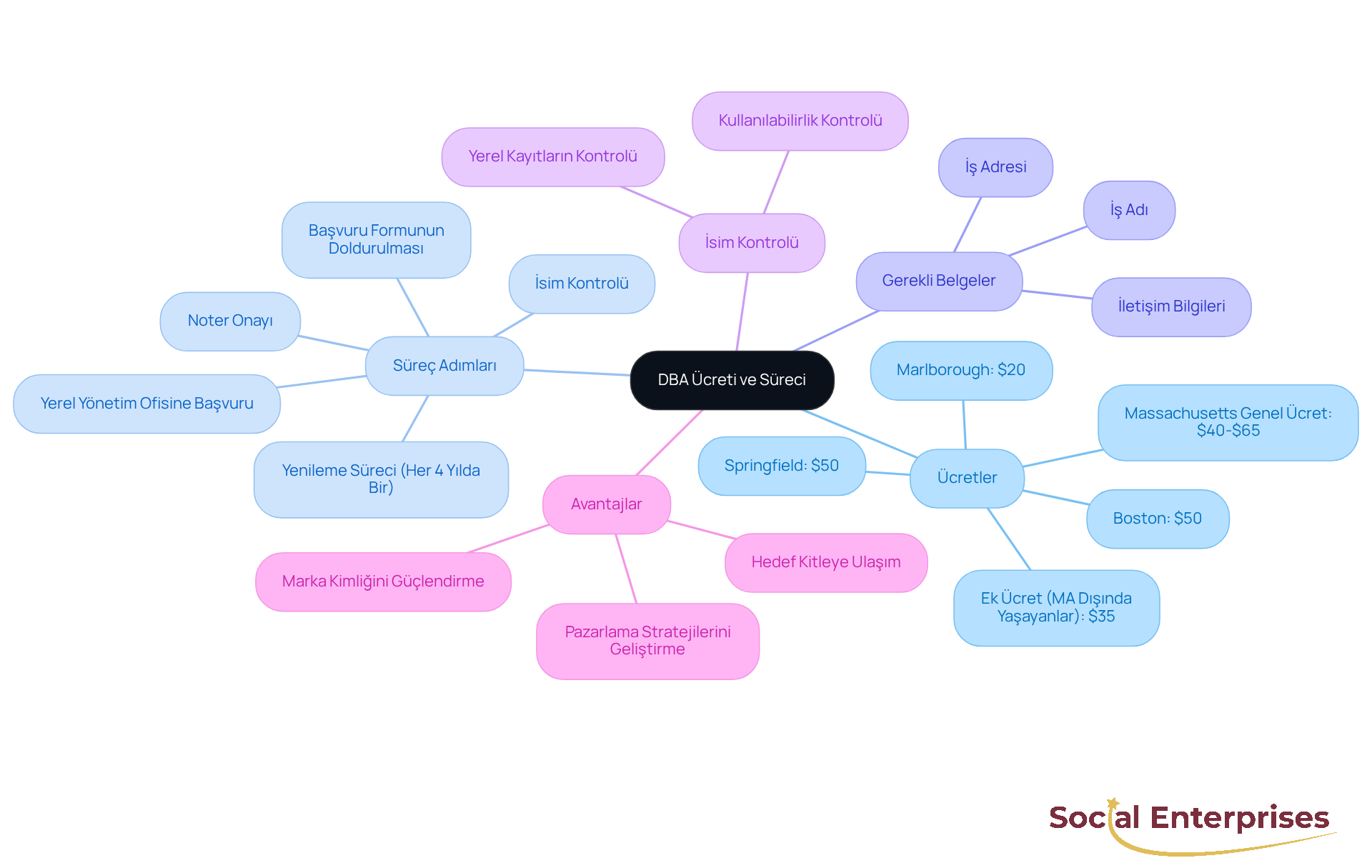 Merkezdeki başlık, DBA kaydının genel konusunu temsil eder. Dallar ise bu konunun alt başlıklarını ve ilgili bilgileri gösterir. Renkler, farklı kategorileri ayırarak görsel netlik sağlar.