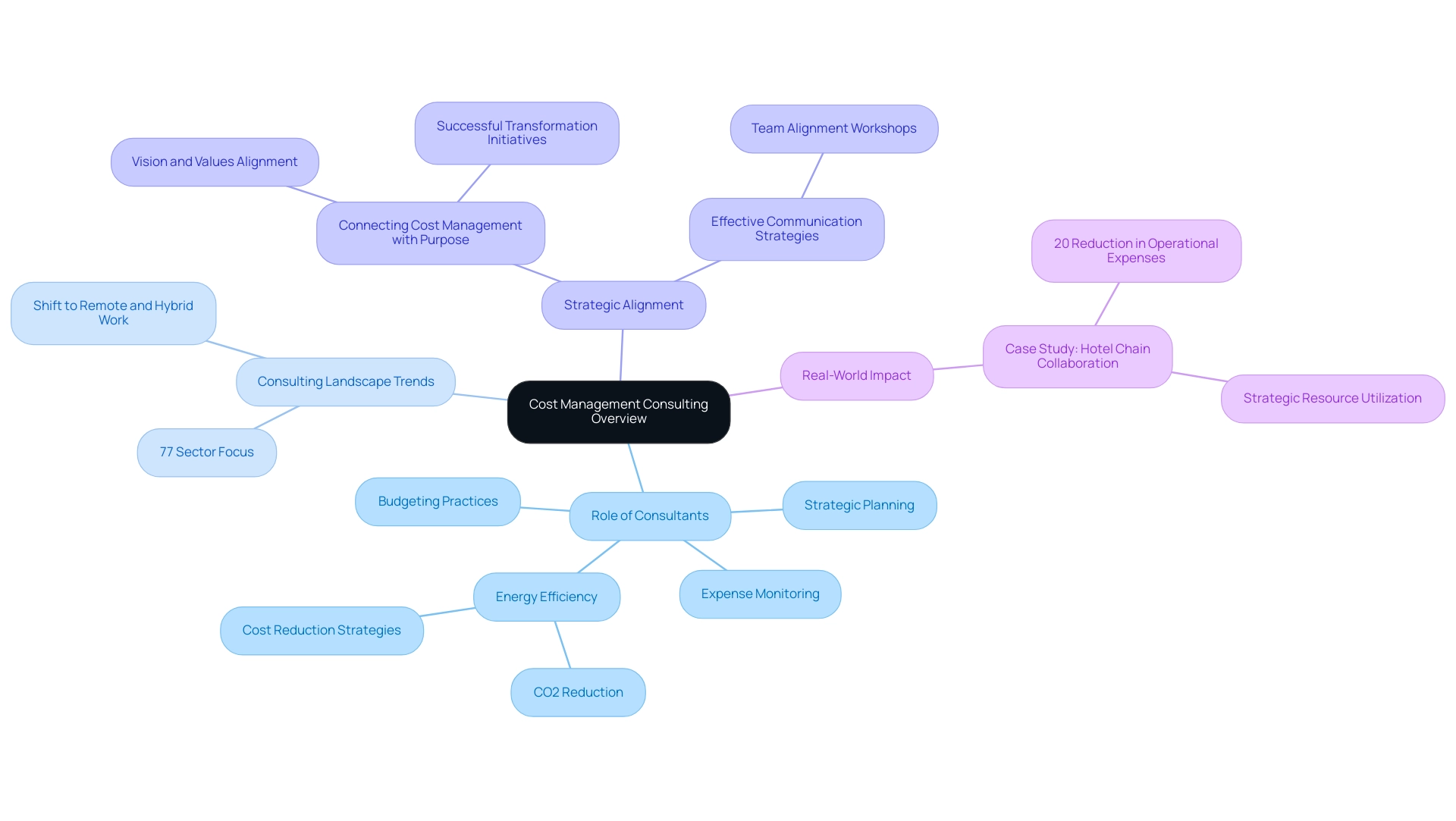 The central node represents the overall topic, with branches showing key areas of focus, each color-coded for clarity.