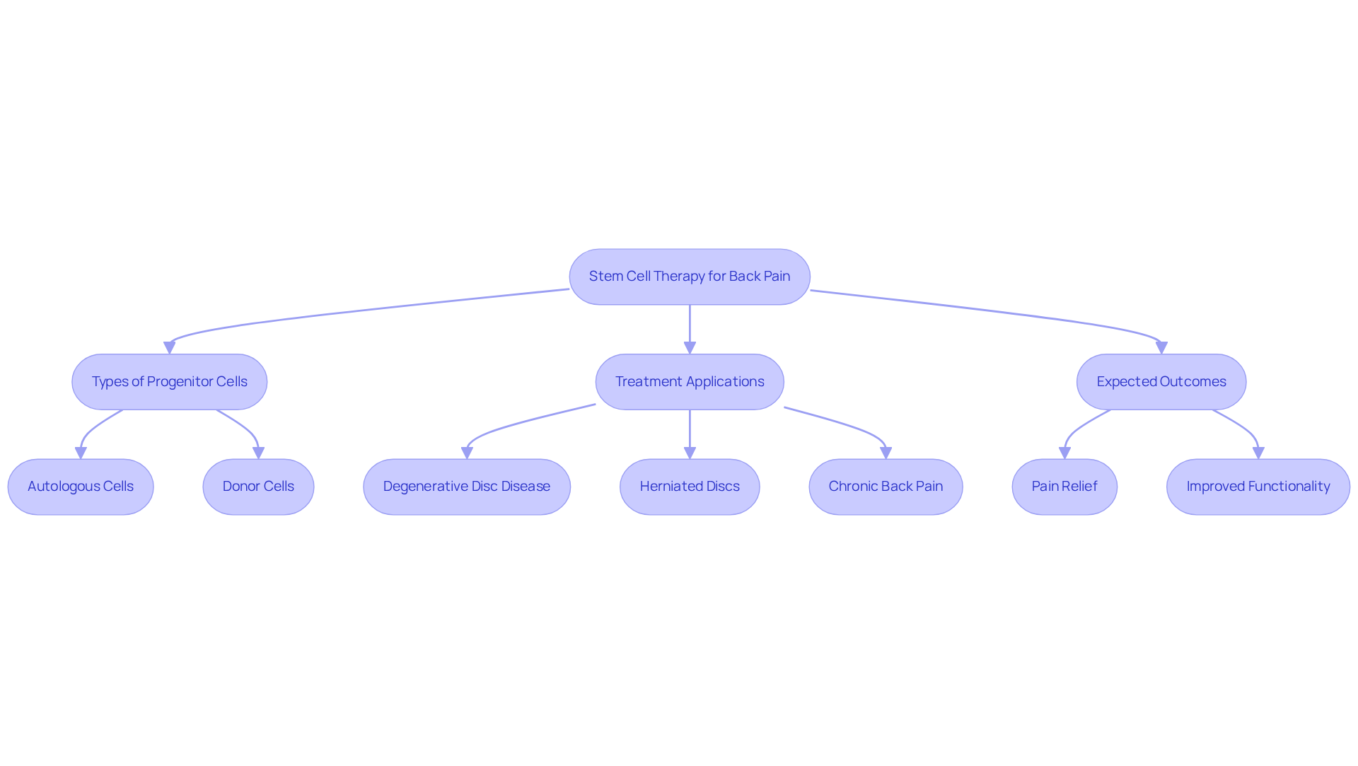 This flowchart outlines the process of stem cell therapy for back pain. Start at the top with the therapy itself, then follow the arrows to see the types of cells used, the conditions treated, and the expected results. Each box represents a key component of the treatment, helping you understand how everything connects.