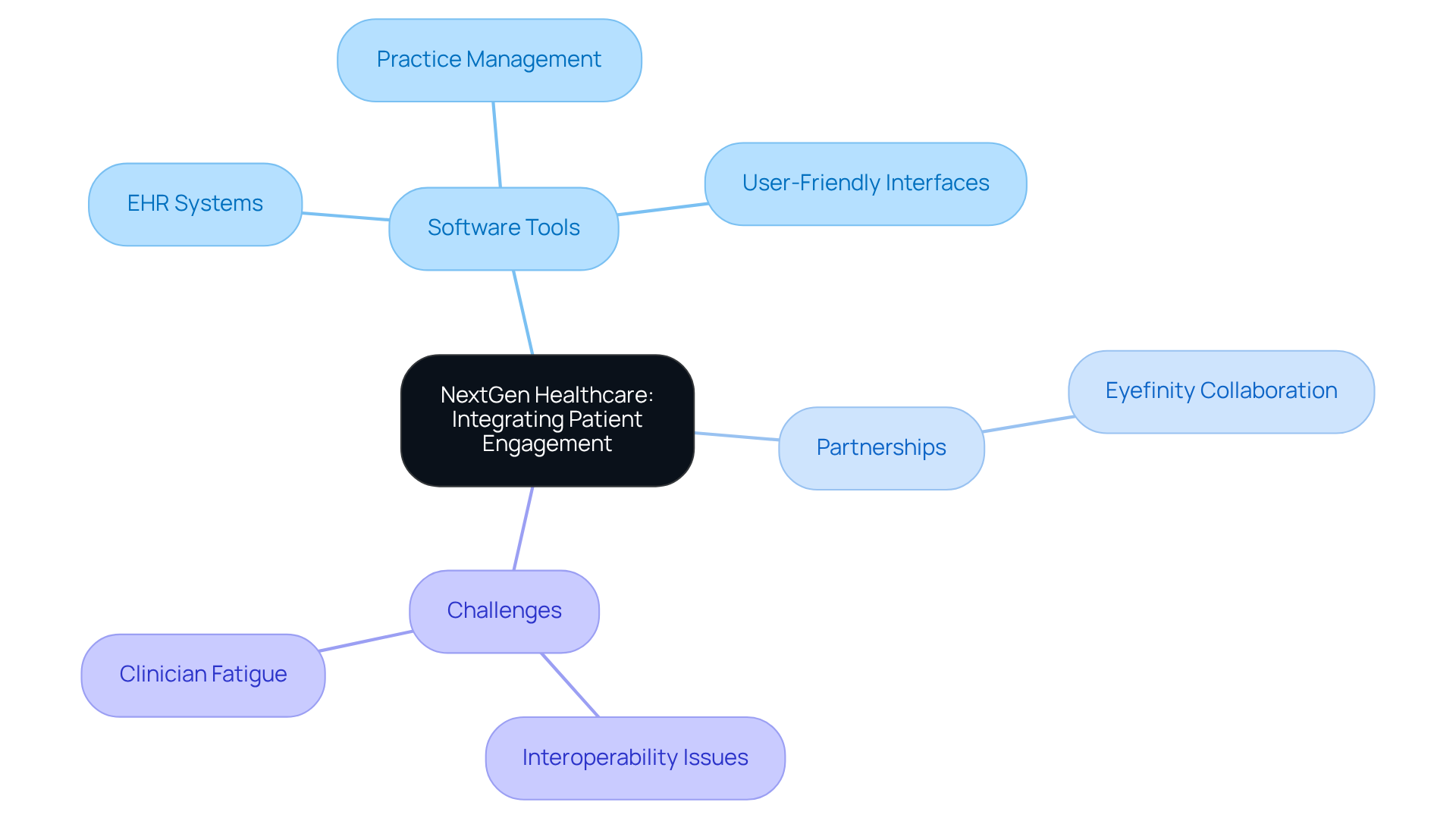 The center represents NextGen's main focus, while the branches show different aspects of their strategy. Each color-coded branch helps you see how software tools, partnerships, and challenges relate to enhancing patient engagement.