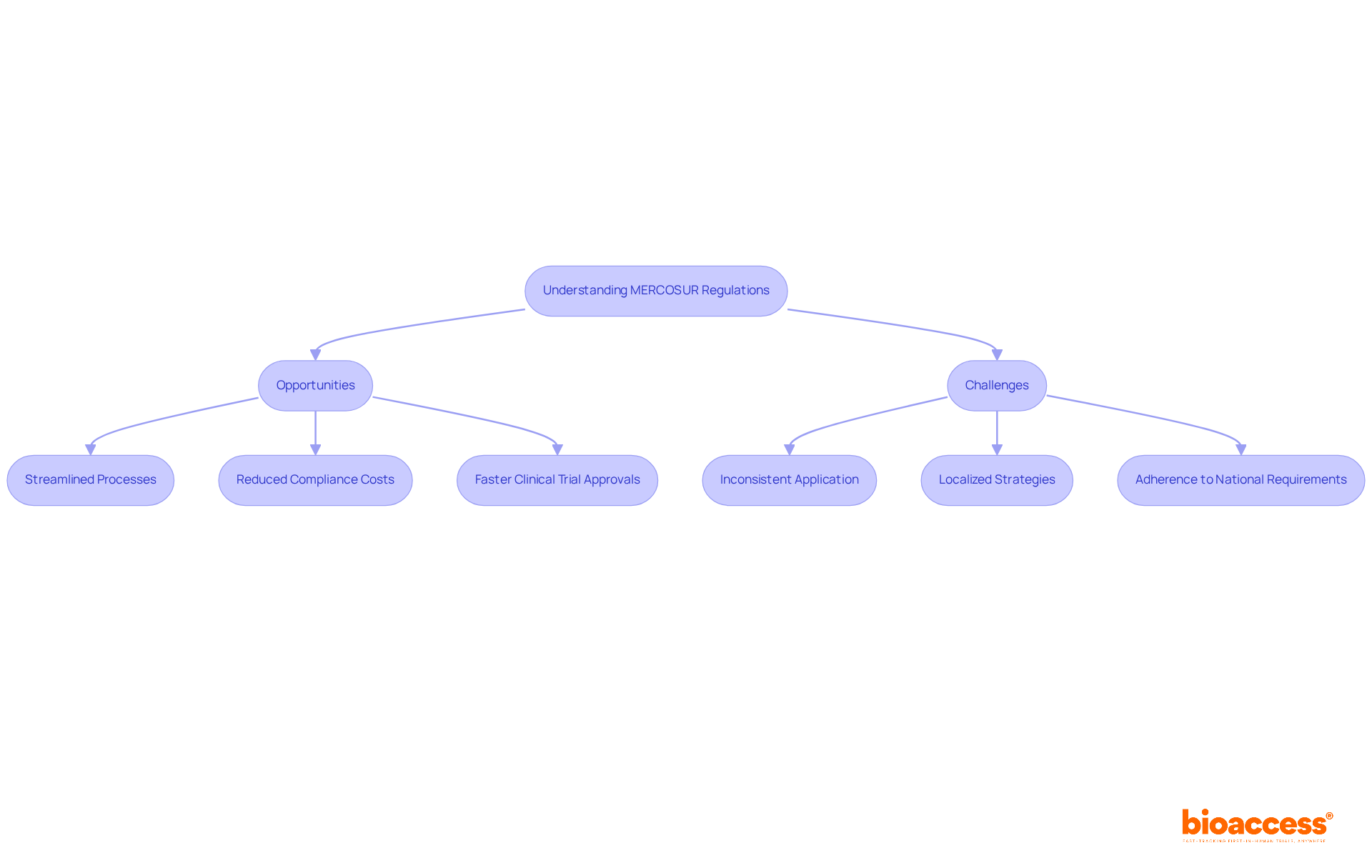 This flowchart outlines the steps companies need to take to navigate the regulatory environment in MERCOSUR. Follow the arrows to see the opportunities and challenges they face in accessing the market and conducting clinical research.