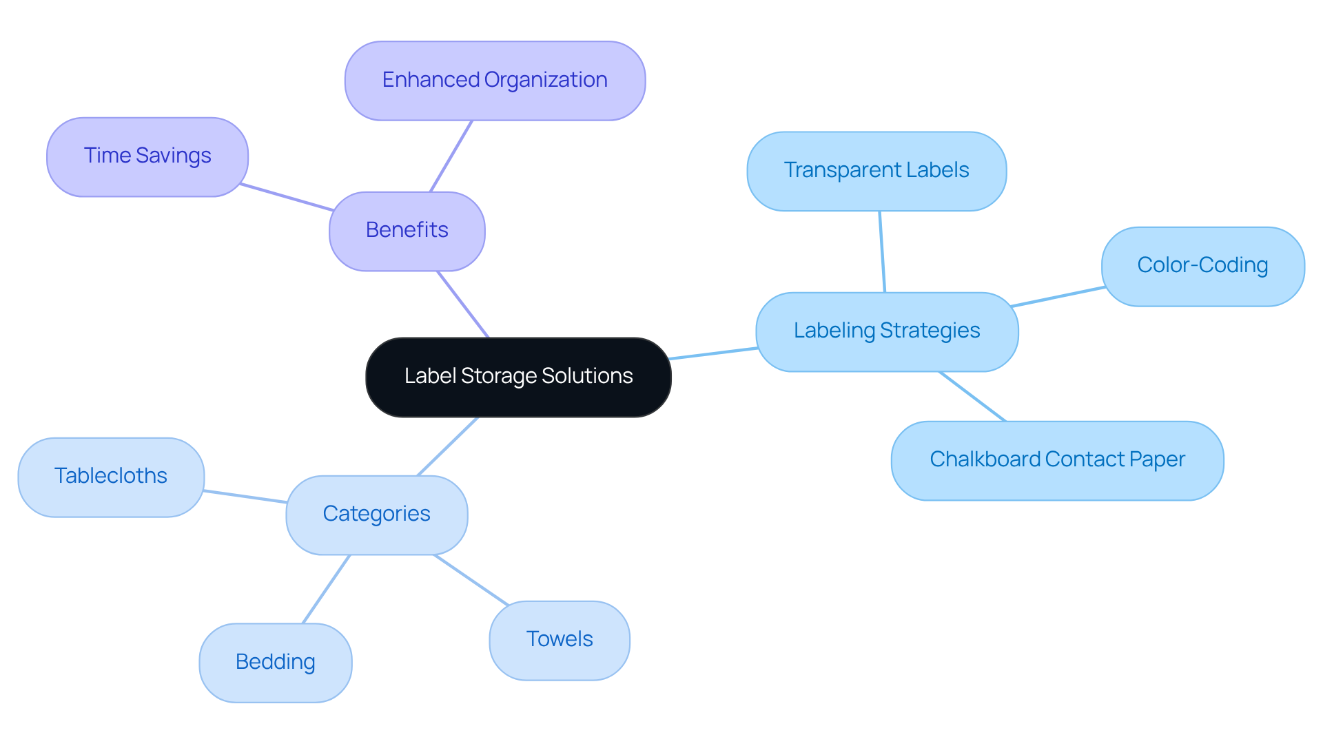 The center shows the main idea of labeling storage solutions. Follow the branches to explore different strategies, categories of items, and the benefits of an organized system.