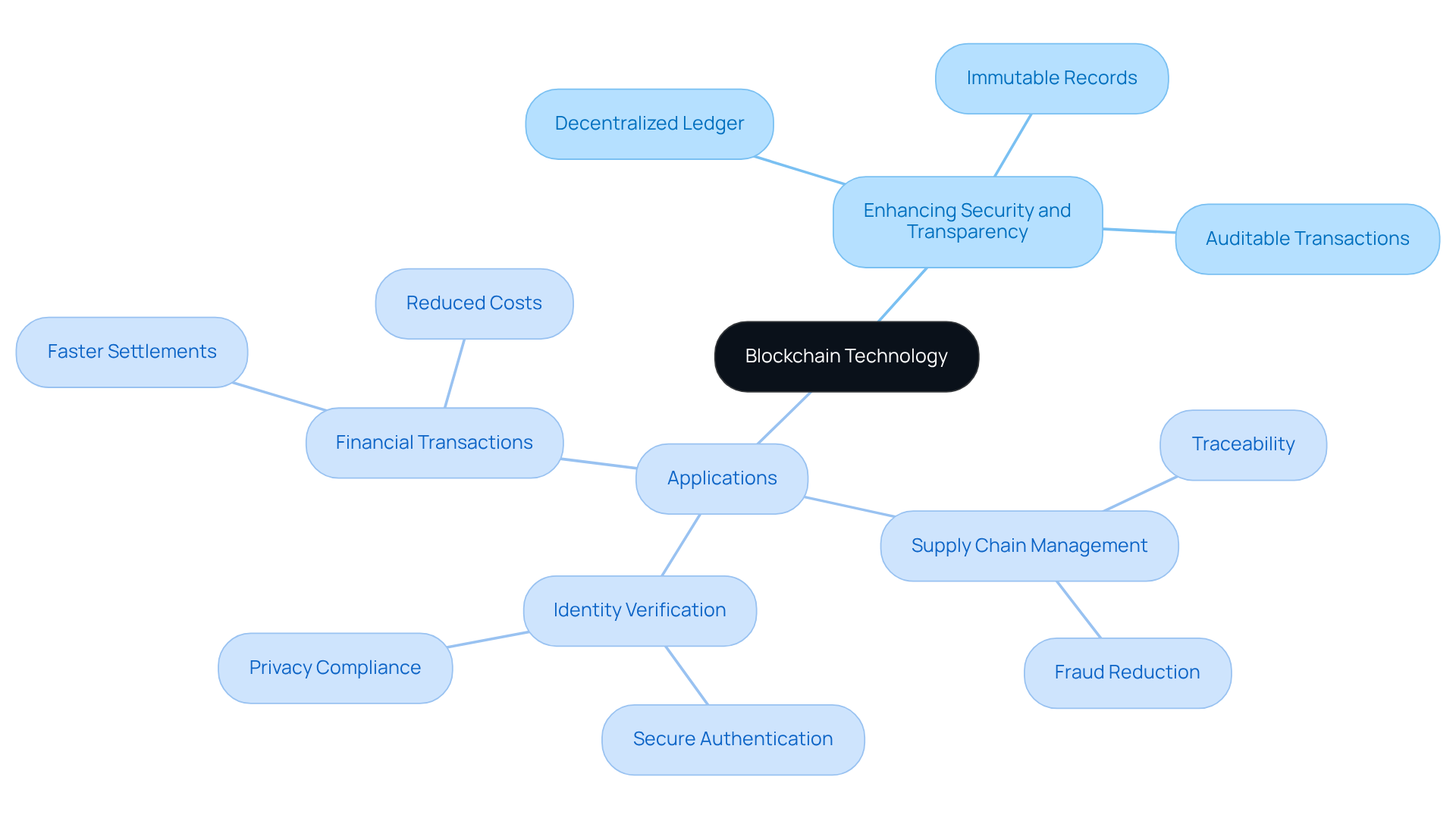 The center represents blockchain technology, while the branches show how it enhances security and transparency in different areas. Each application is a way blockchain can be utilized to improve processes in regulated industries.