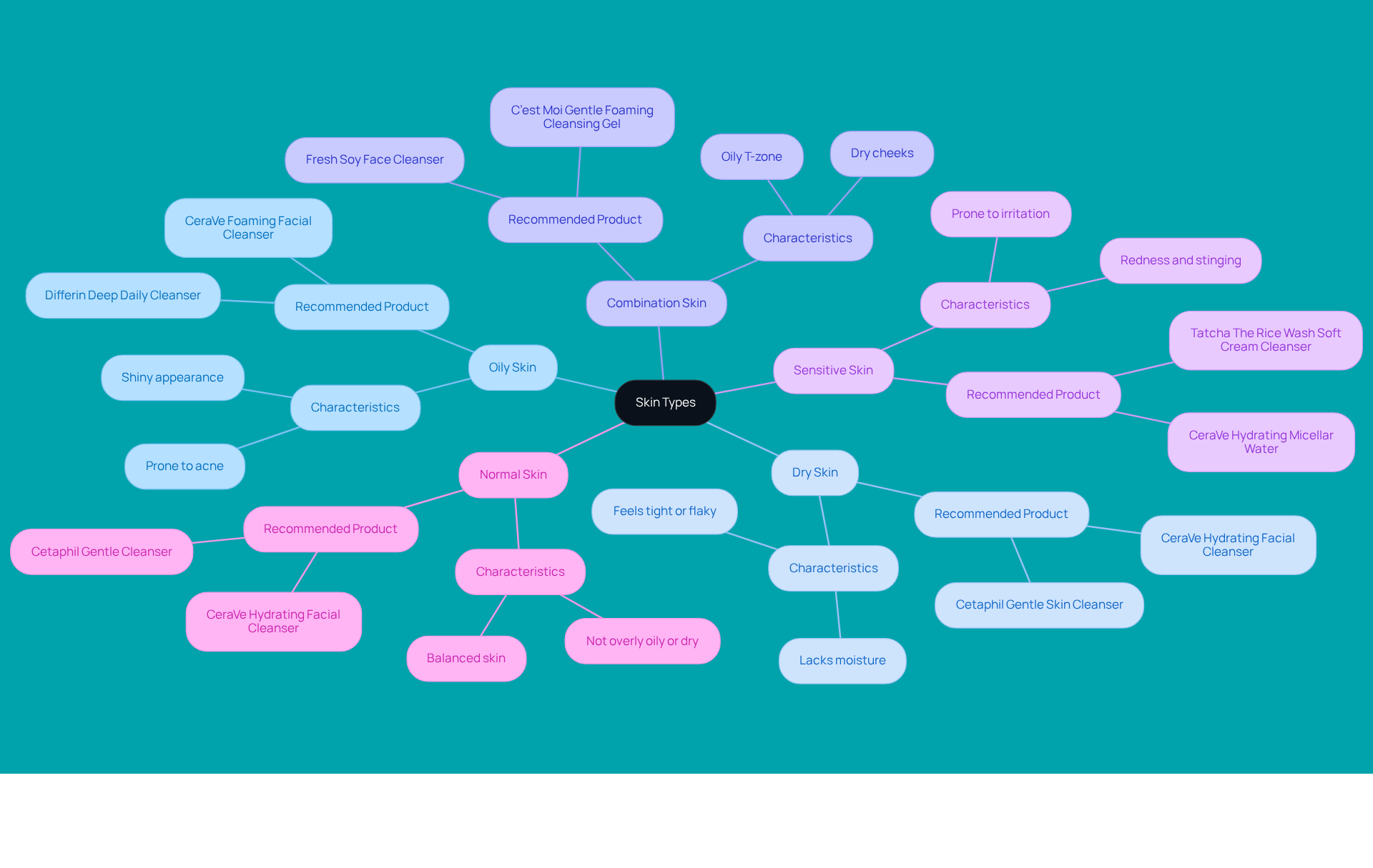 The central node shows the main topic of skin types, and each branch represents a specific skin type. Within each branch, you'll find key characteristics and product recommendations, helping you choose the right facial cleanser based on your skin's needs.