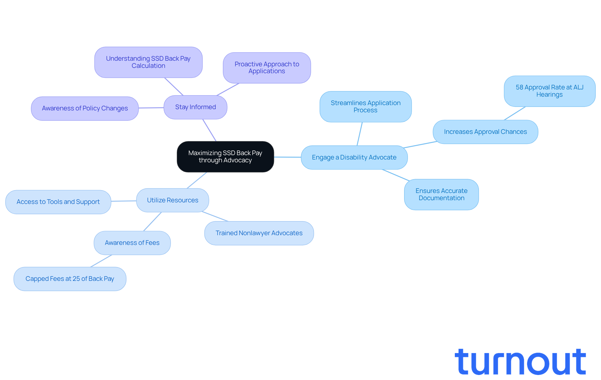The central node represents the main goal of maximizing SSD back pay. Each branch shows a strategy you can use, with further details on how each strategy helps you navigate the SSD process more effectively. The central node represents the main goal of maximizing SSD back pay. Each branch shows a strategy you can use, with further details on how each strategy helps you navigate the SSD process more effectively.