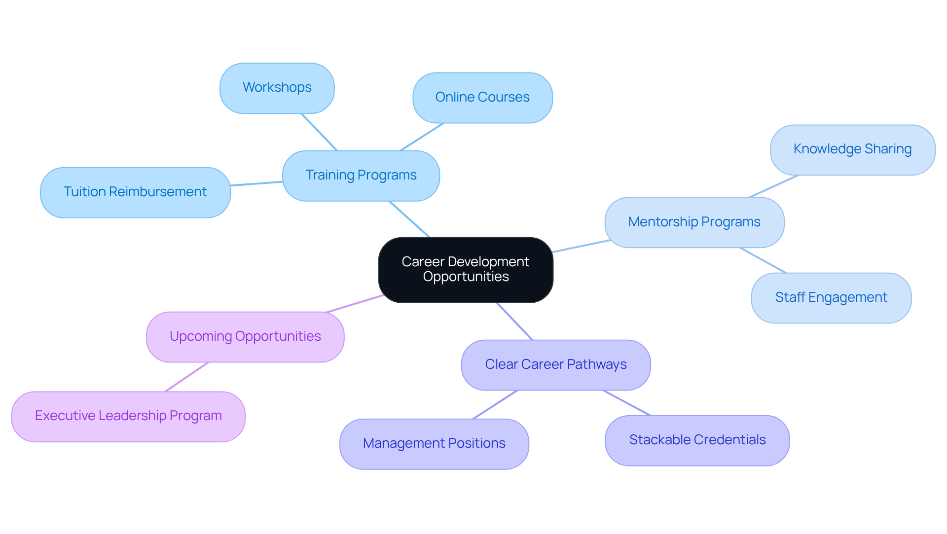 The central idea is career development, with branches showing different strategies. Each branch highlights specific actions or benefits, making it easy to see how organizations can attract and retain top talent. The central idea is career development, with branches showing different strategies. Each branch highlights specific actions or benefits, making it easy to see how organizations can attract and retain top talent.