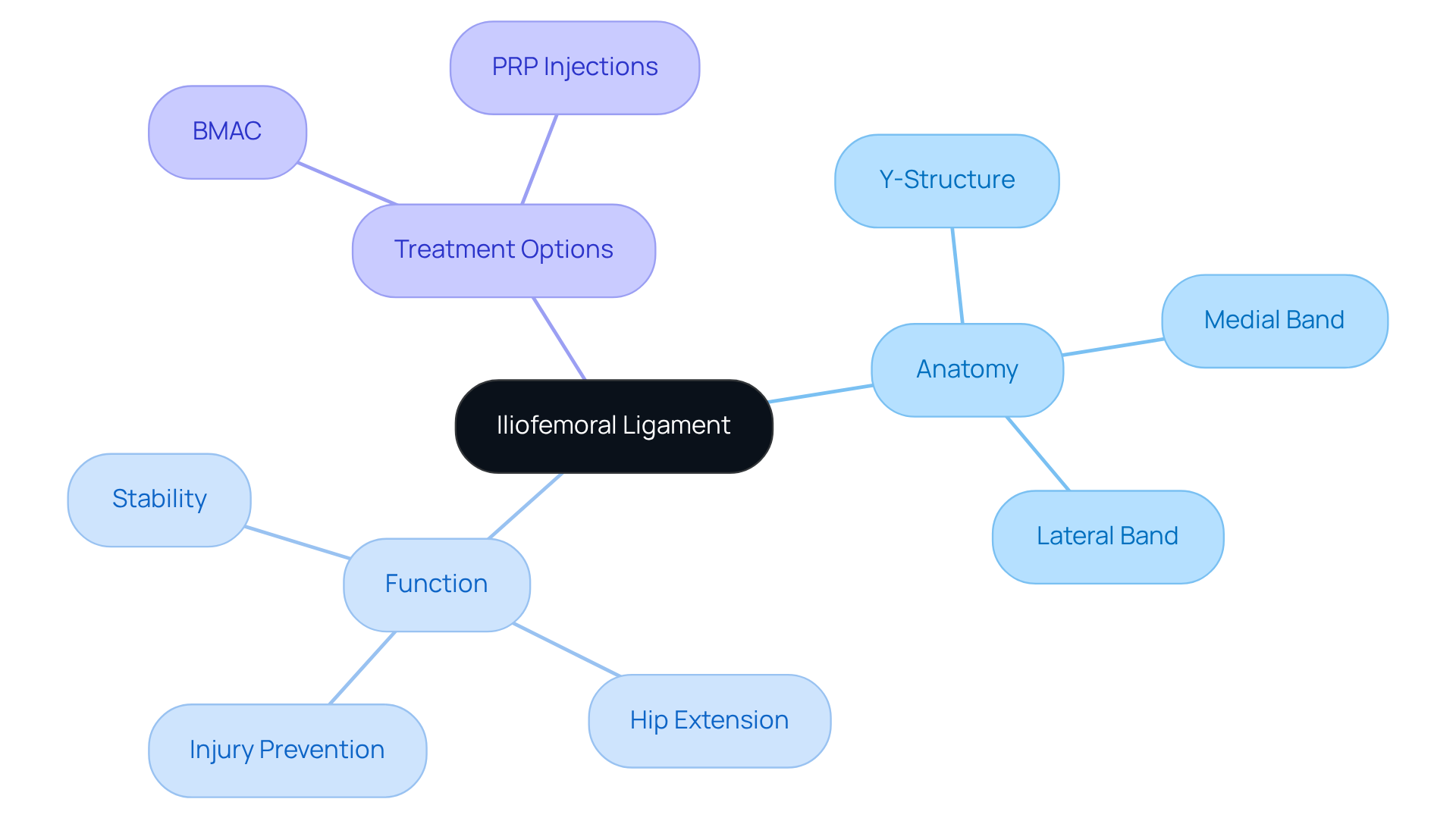 Start at the center with the iliofemoral ligament, then explore its anatomy, functions, and treatment options. Each branch represents a different aspect, helping you see how they all connect.