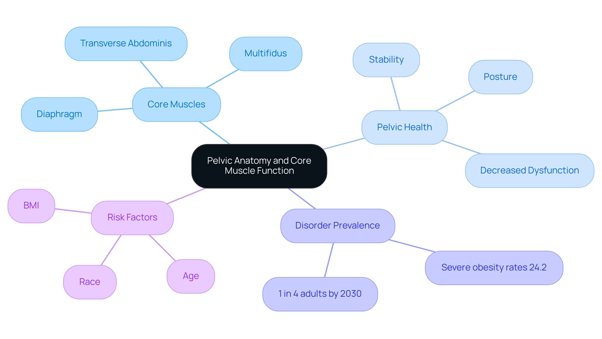 Central node represents the main topic; branches denote key areas such as core muscles, pelvic health, prevalence of disorders, and risk factors.