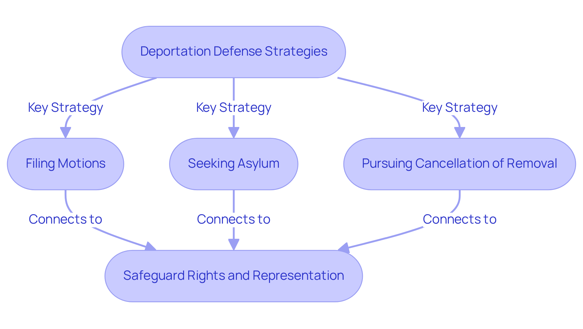 This flowchart outlines the key strategies for defending against deportation. Each branch represents a different approach you can take, showing how they all connect back to your right to stay in the U.S.