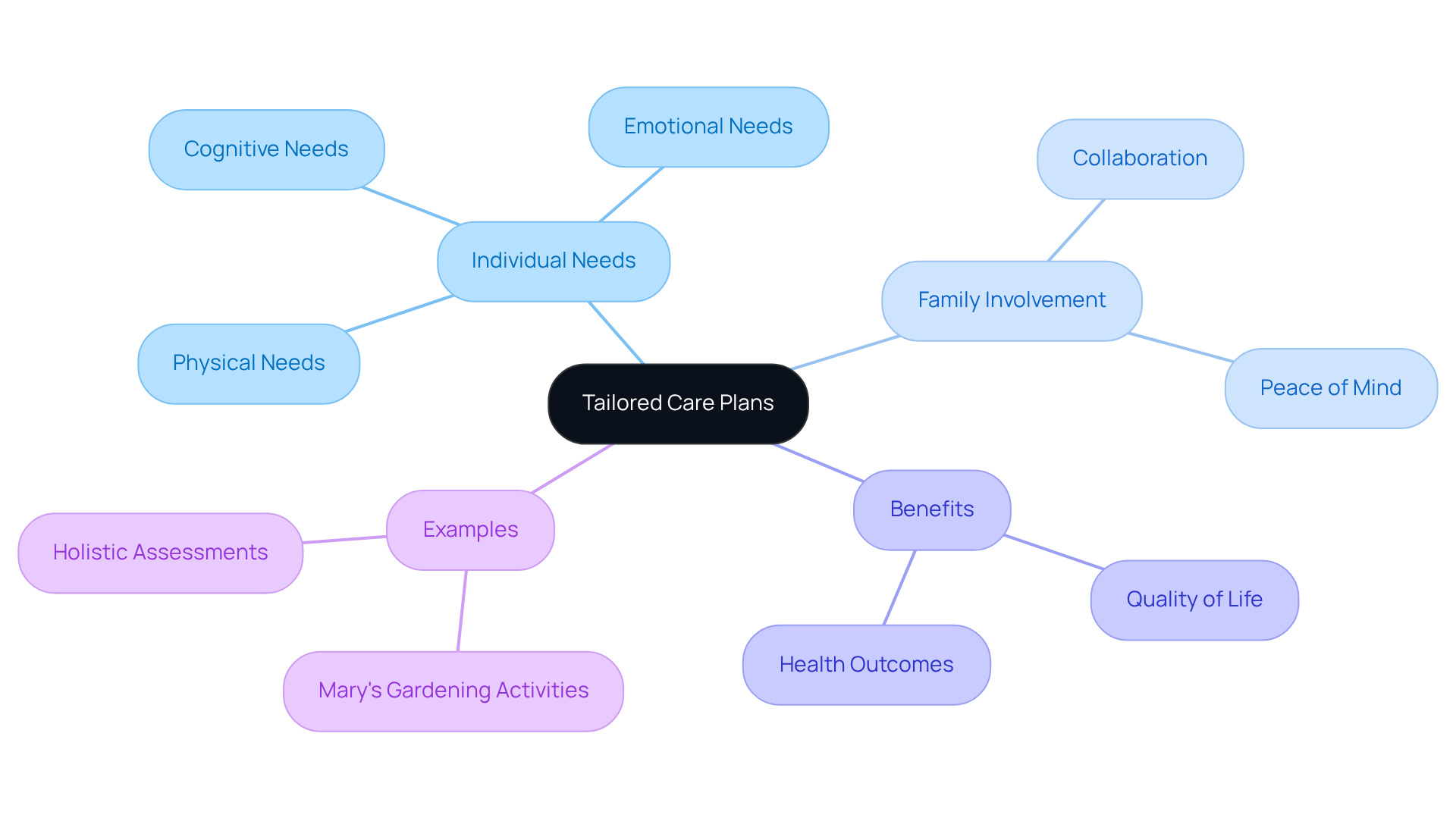 The central node represents the main idea of tailored care plans, while the branches show different aspects that contribute to effective elder care. Each color-coded branch helps you see how individual needs, family roles, and benefits are interconnected.