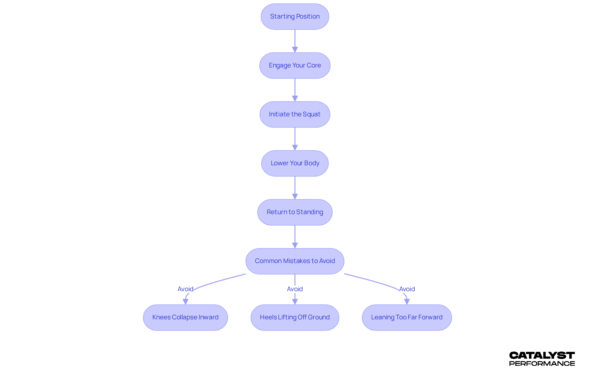 Follow the arrows from the top to the bottom to learn how to perform a squat correctly. Each box represents a step in the process, and the mistakes section highlights what to avoid for safe and effective squatting. Follow the arrows from the top to the bottom to learn how to perform a squat correctly. Each box represents a step in the process, and the mistakes section highlights what to avoid for safe and effective squatting.